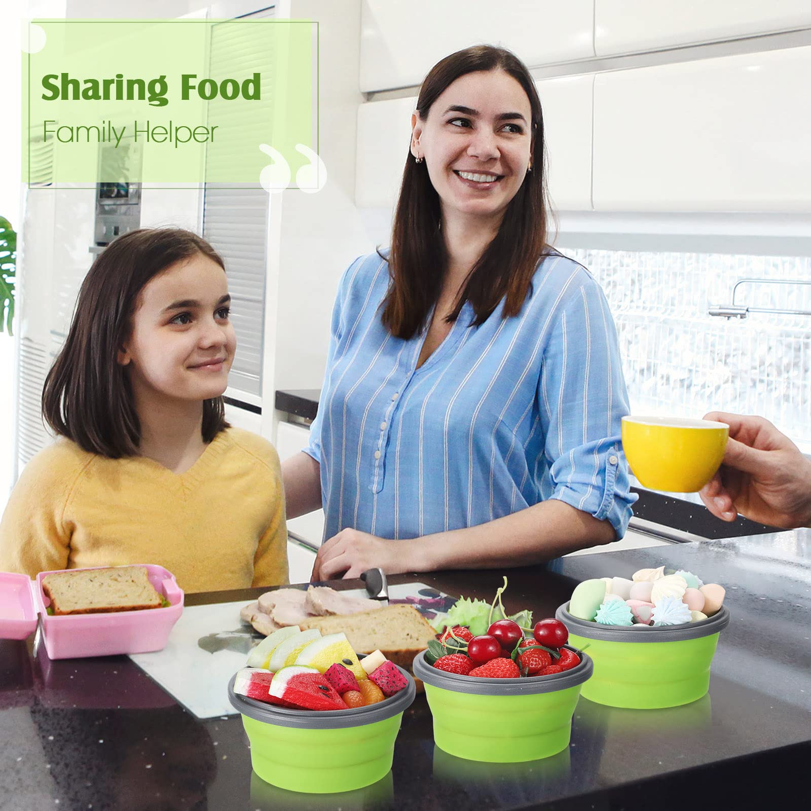 Tanlade 12 Pack Collapsible Bowls with Lids 17oz Collapsible Food Storage Containers Round Lunch Containers Silicone Collapsible Bowls for Camping RV Kitchen Microwave Dishwasher (Gray, Green)