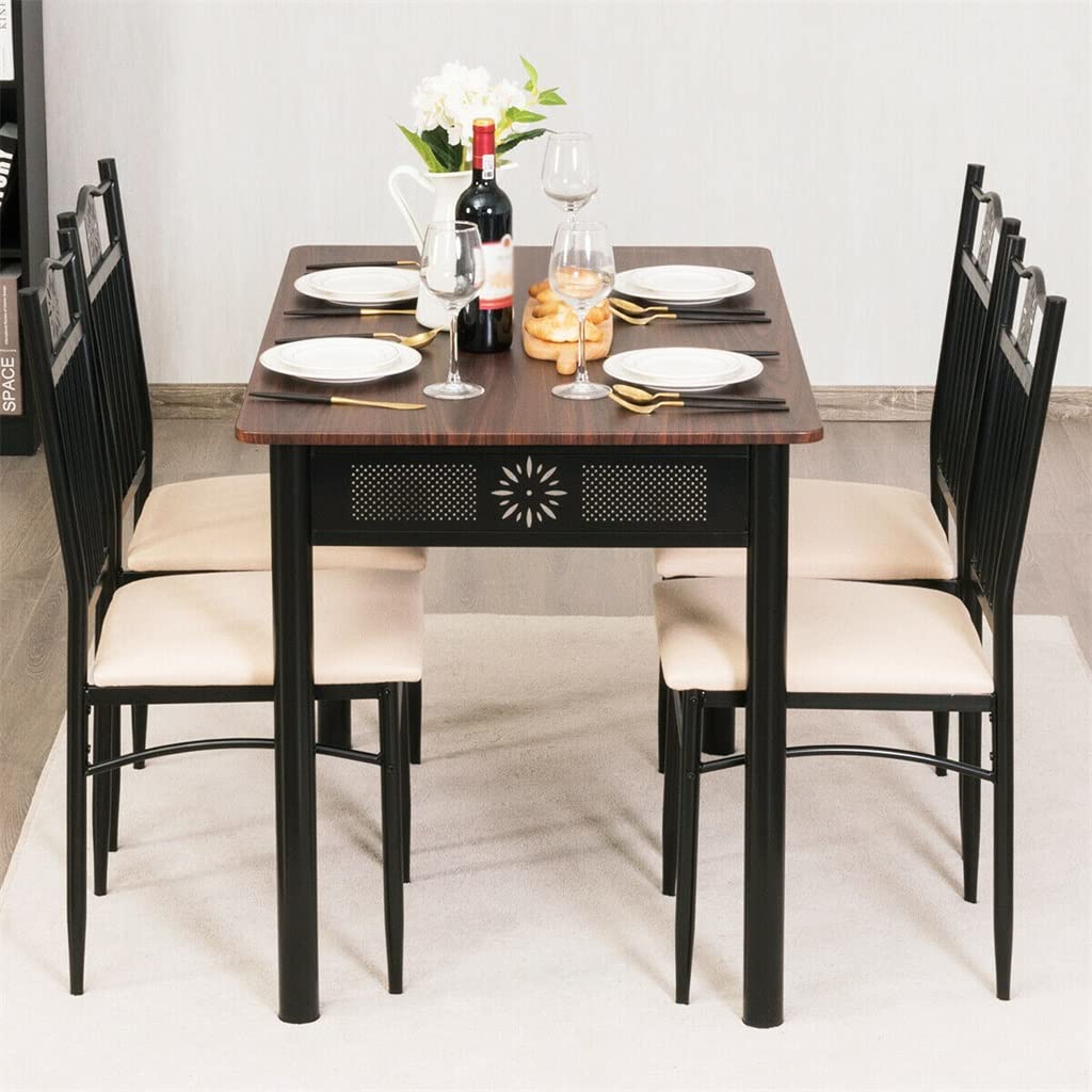 WFHTU 5 Piece Dining Set Wooden Metal Table and 4 Chairs Kitchen Breakfast Furniture