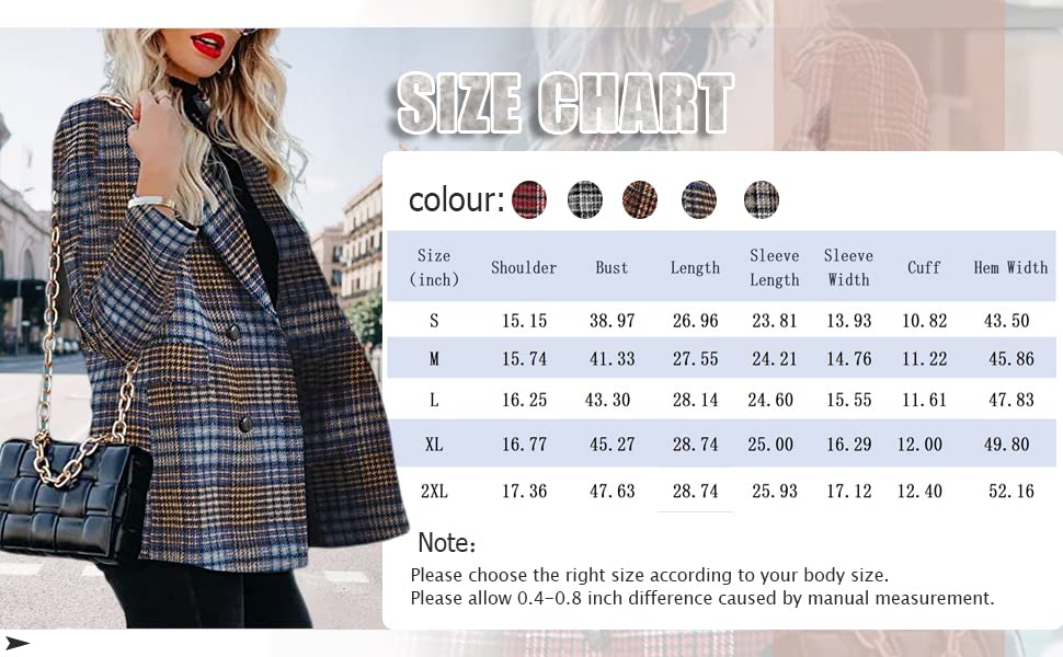 Taodou Women's Casual Blazers Woolen Plaid Blazer Lapel Long Sleeve Button Pocket Jackets Coat Blue