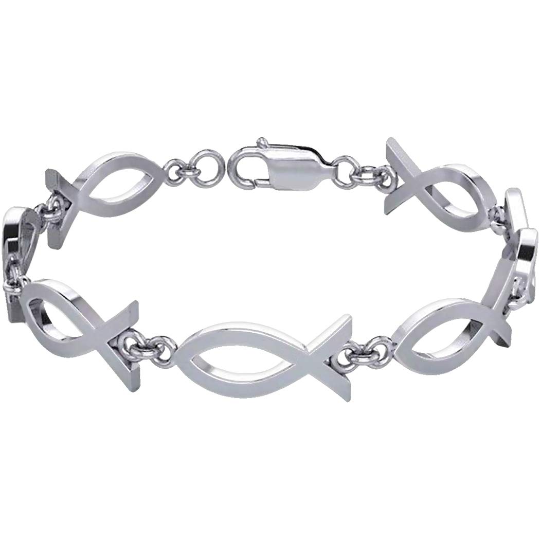 US Jewels 925 Sterling Silver Ichthys Religious Jesus Fish Link Bracelet, 9"