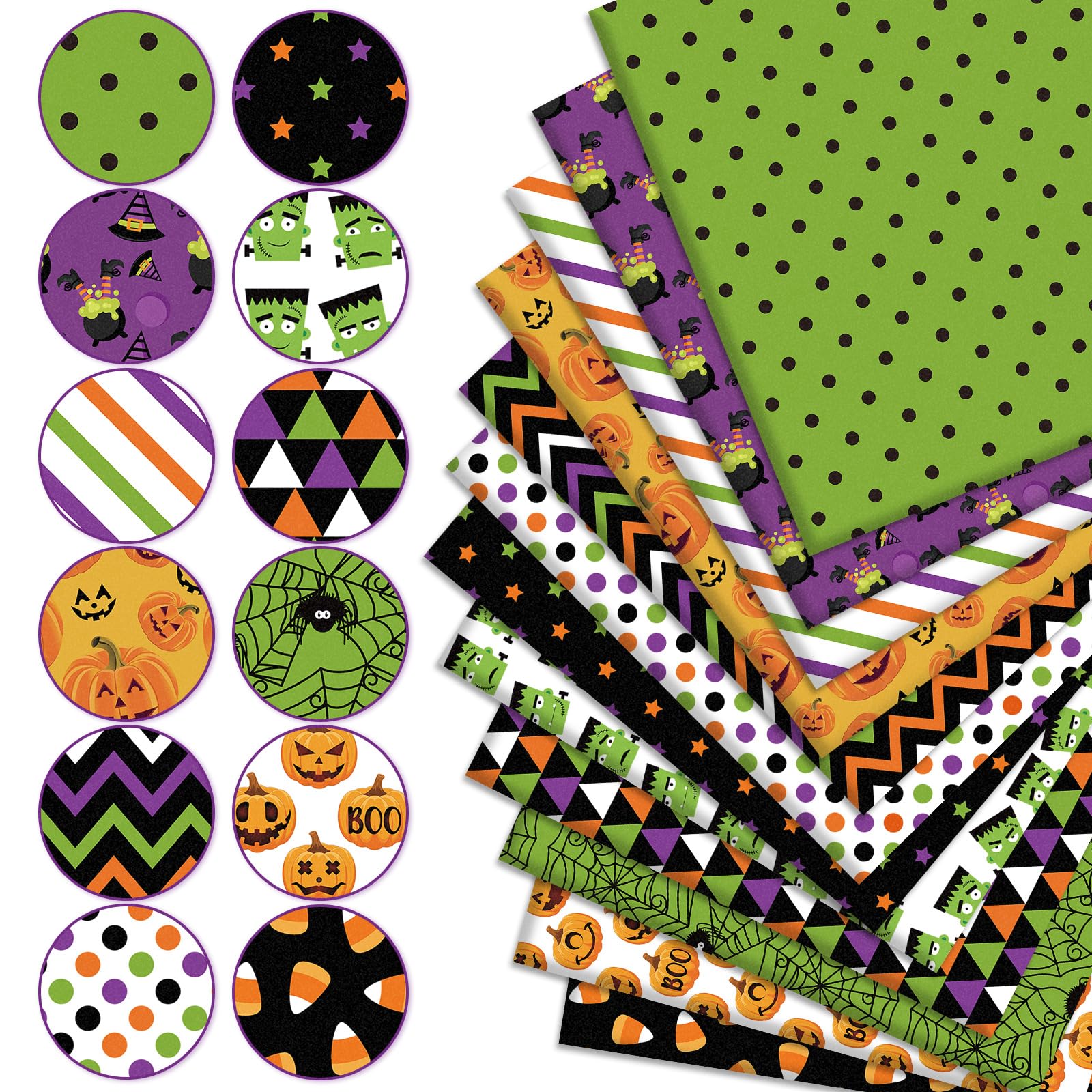 Whaline 12Pcs Halloween Cotton Fabric Bundles 18 x 22 Inch Spider Web Pumpkin Monster Fat Quarters Green Purple Black Orange Quilting Patchwork Squares Sewing Fabrics for DIY Craft Party Decor