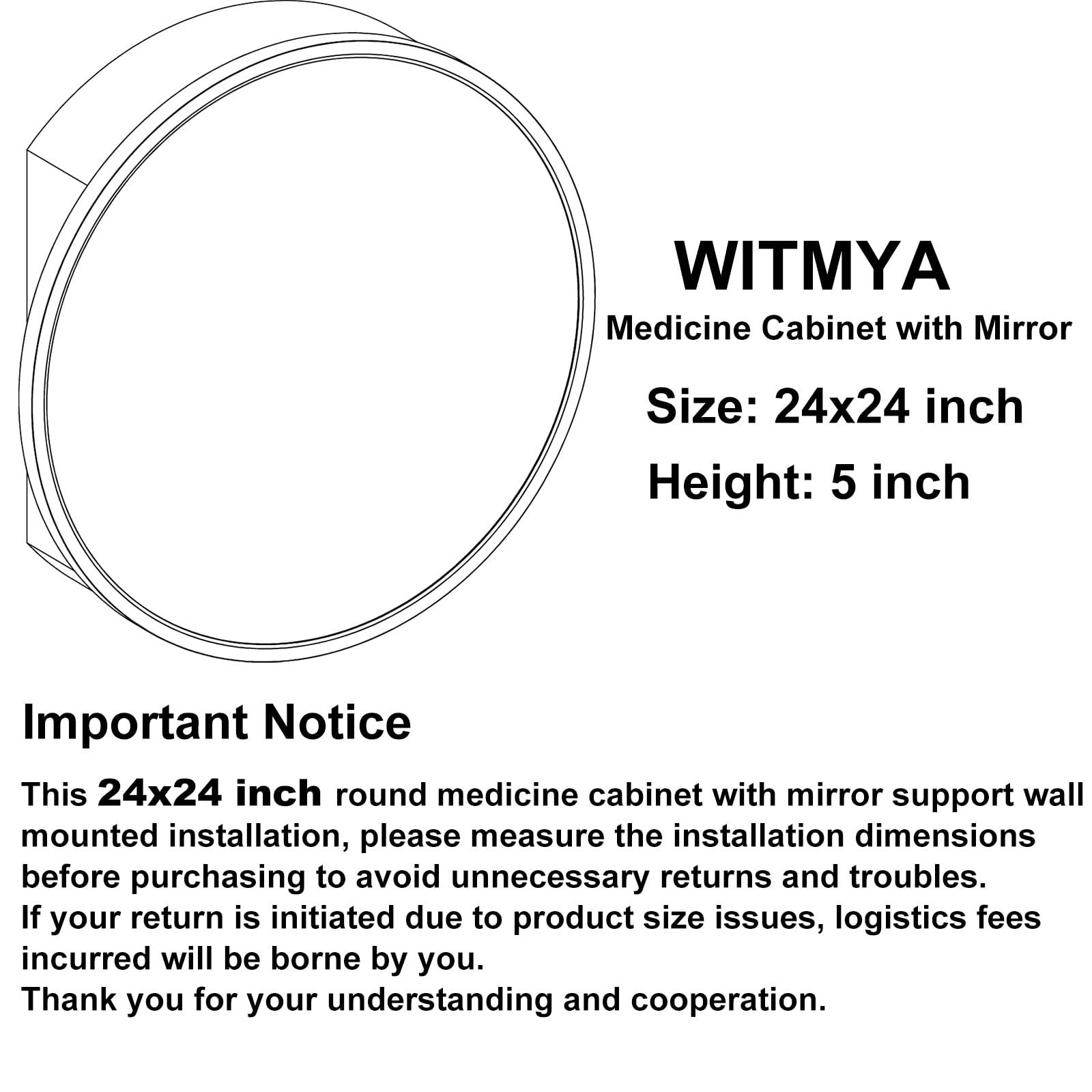 WITMYA 24x24 inch Black Bathroom Round Medicine Cabinet with Mirror, Metal Framed Wall Mounted Bathroom Mirror with Storage, 3-Level Storage Shelf