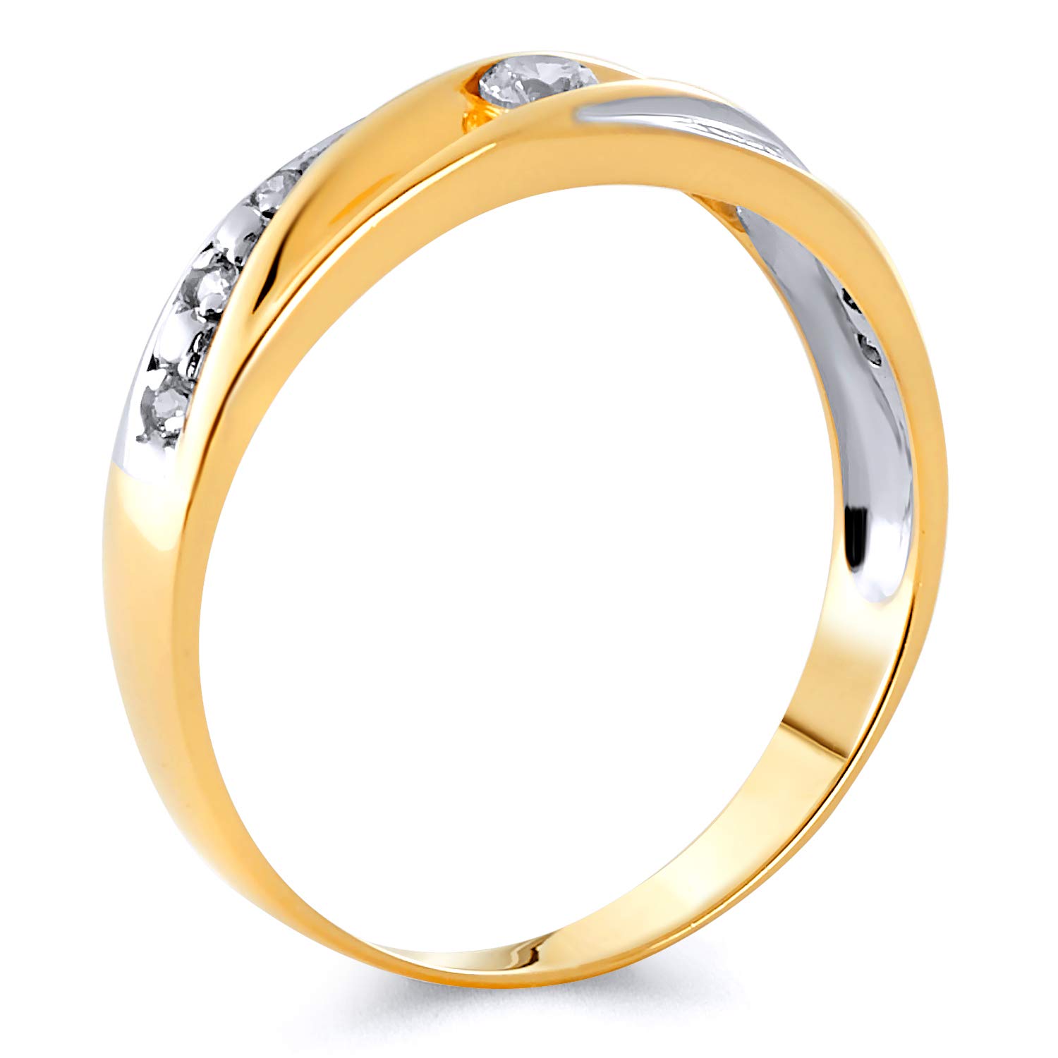 Wellingsale Ladies Solid 14k Two 2 Tone White and Yellow Gold Polished CZ Cubic Zirconia Round Cut Engagement Ring with Side Stones and Wedding Band Bridal Set - Size 8