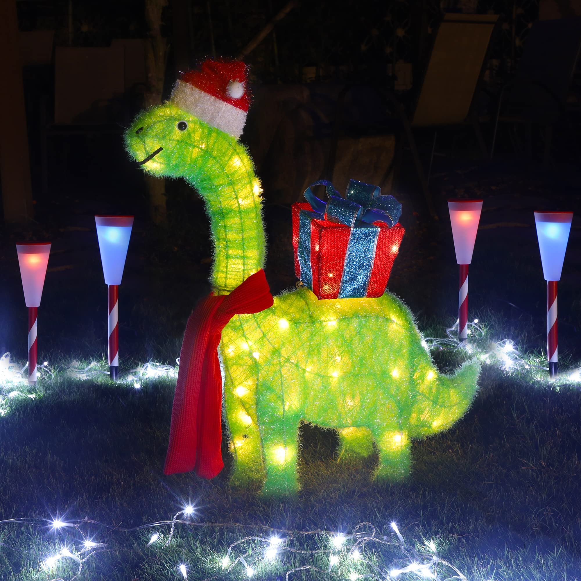 WATERGLIDE Lighted Christmas Green Dinosaur with Gift Box Decorations, 27 Inch Pre-Lit Light Up 3D Brachiosaurus Xmas Outdoor Yard Decor with Lights, for Festive Xmas Holiday Garden Lawn Display
