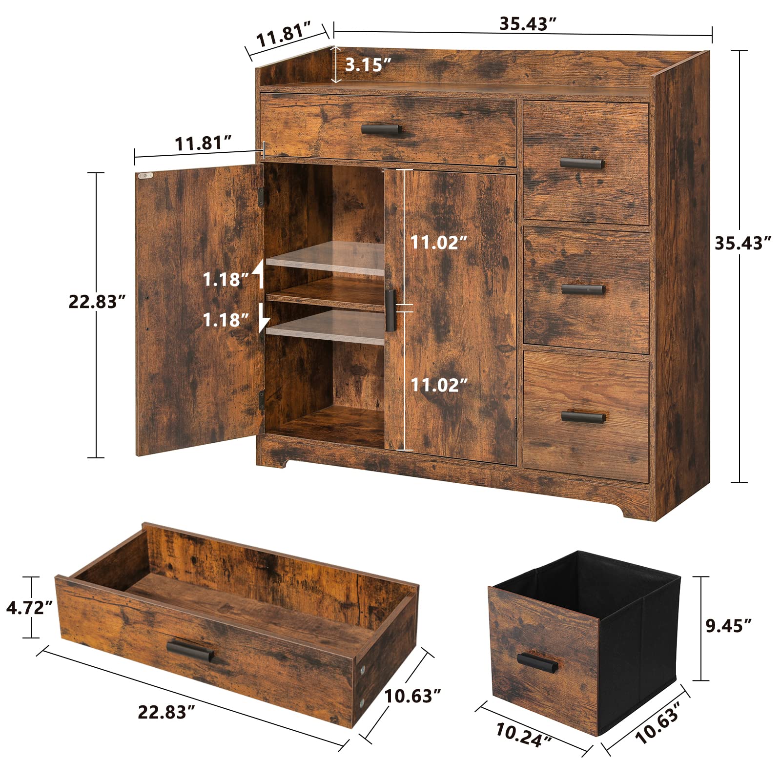 usikey Storage Cabinet with 2 Doors & 4 Drawers, Freestanding Cabinet with Adjustable Shelves, Wooden Sideboard, Accent Cabinet for Living Room, Hallway, Kitchen, Bedroom, Rustic Brown
