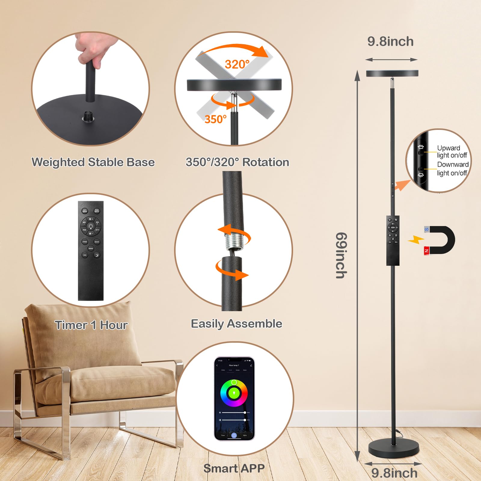 YOPSTAR Double-Sided LED Floor Lamp, Dimmable Bright Modern Tall Standing RGB Lamp, 4 Color Temperatures Torchiere Sky Lamp with Remote Smart App & Touch Control for Living Room, Bedroom, Office