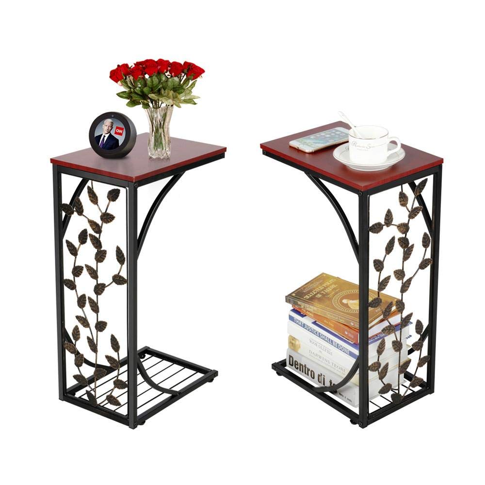 Yaheetech C Shaped End Table Set of 2 Sofa Side Tables for Living Room, Couch Tables Small Coffee Tray Snack Tables Slide Under Sofa with Elegant Leaf Design, Bronze Metal Frame and Wooden Tabletop