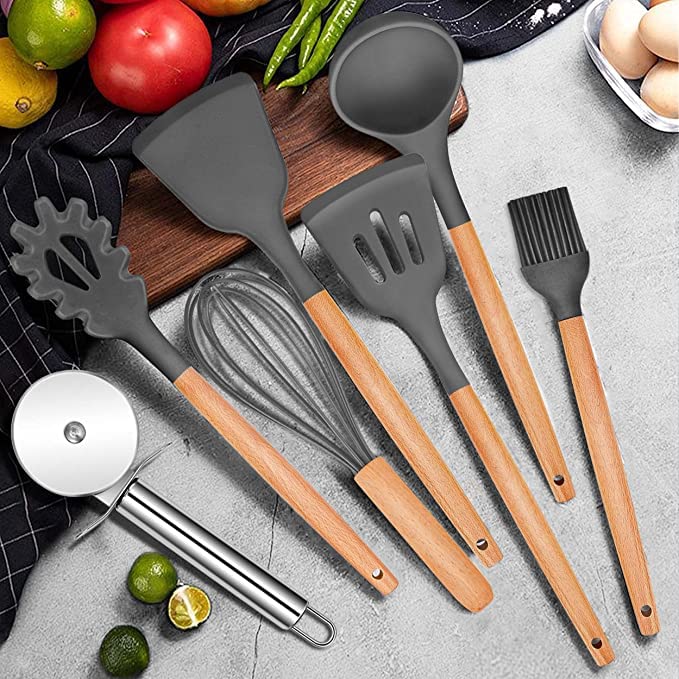 Utensil sets-Kitchen 33 Pcs Non-Stick Silicone Cooking Utensils Set with Holder, Sturdy Wooden Handle, Heat Resistance Silicone Spatula Spoon Kitchen Gadge