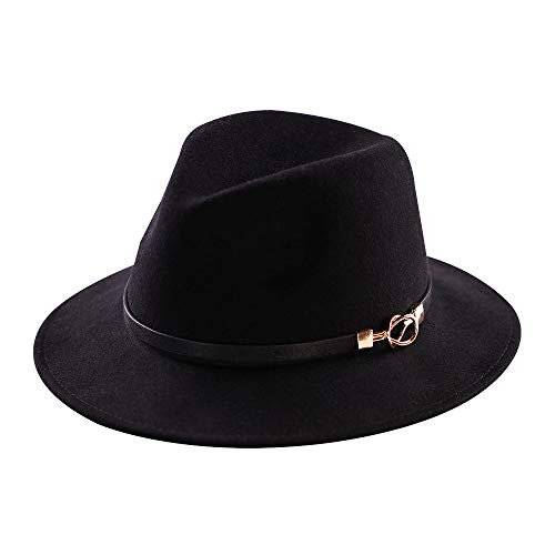 Womens Fedora Hats 100% Wool Wide Brim Felt Panama Sun Hats Vintage Trilby Cap with Buckle