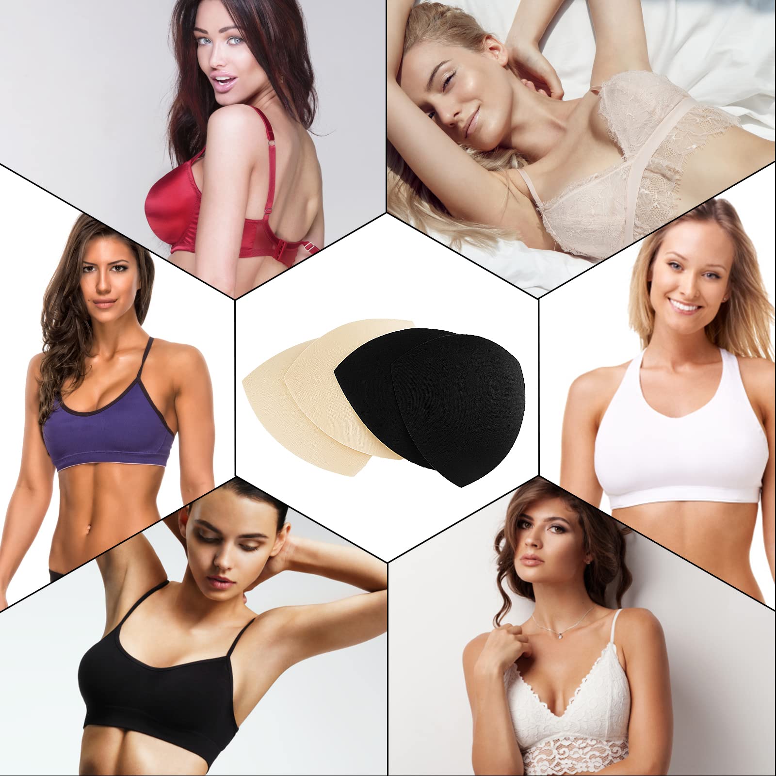 WLLHYF 2 Pairs Removable Bra Pads, Breathable Bra Pads Inserts Women's Pads Enhancers Triangle Shape Breast Padding for Sports Bras Swimsuits Bikini A, B, C, D Cup Available Skin/Black