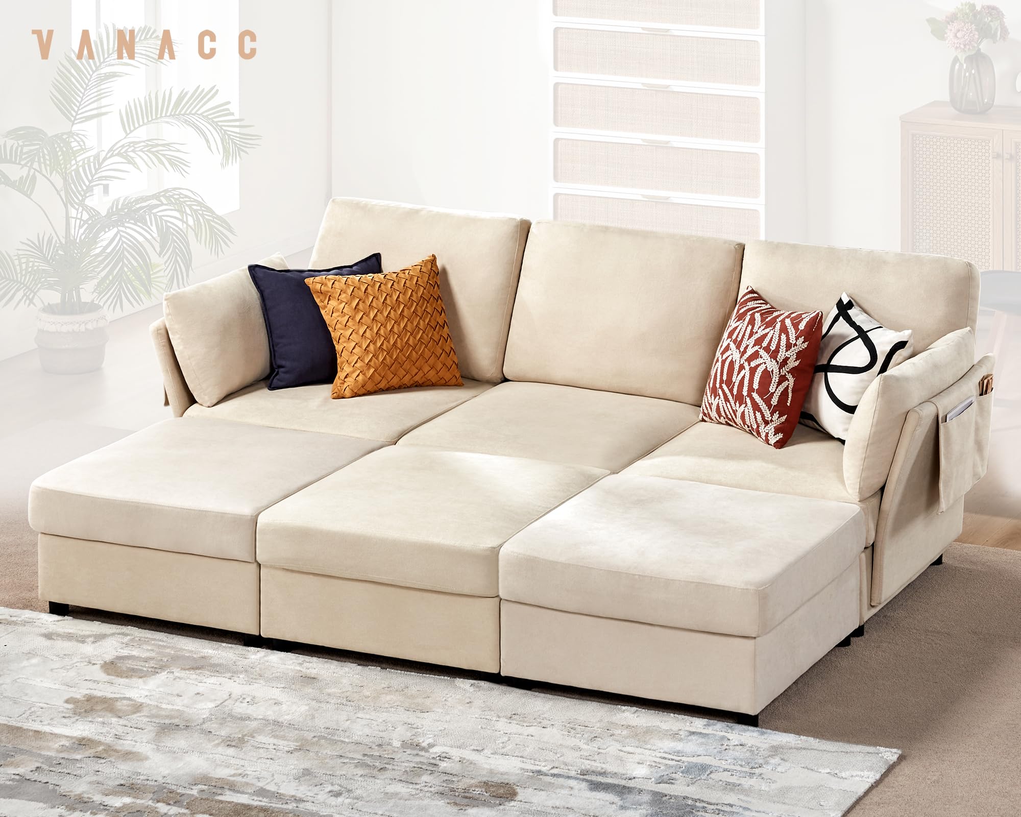 VanAcc Modular Sofa, 124 inch Oversized Sectional Sofa, 6 Seater Modular Sectional Couch with Storage, U shaped Couch for Living room, Beige