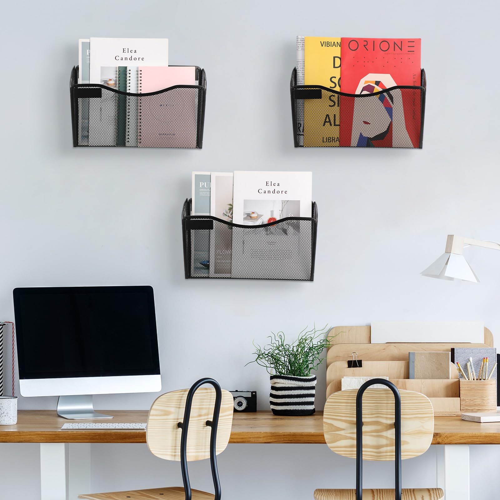 Tatuo 12 Pack Mesh Wall Mounted File Holder Hanging File Organizer Vertical Wall File Organizer Holder Rack for Office and Home, Black (with Label Panel)