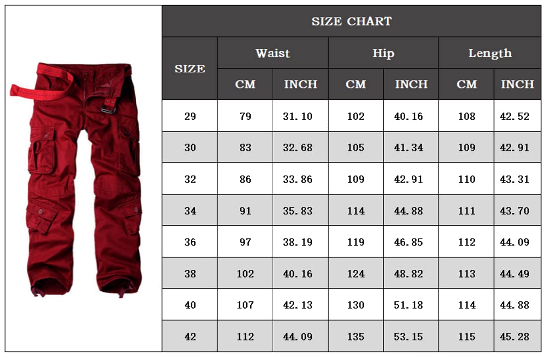utcoco Mens Loose Multi-Pockets Cotton Twill Cargo Military Pants Outdoor Work Trousers (38, Burgundy)