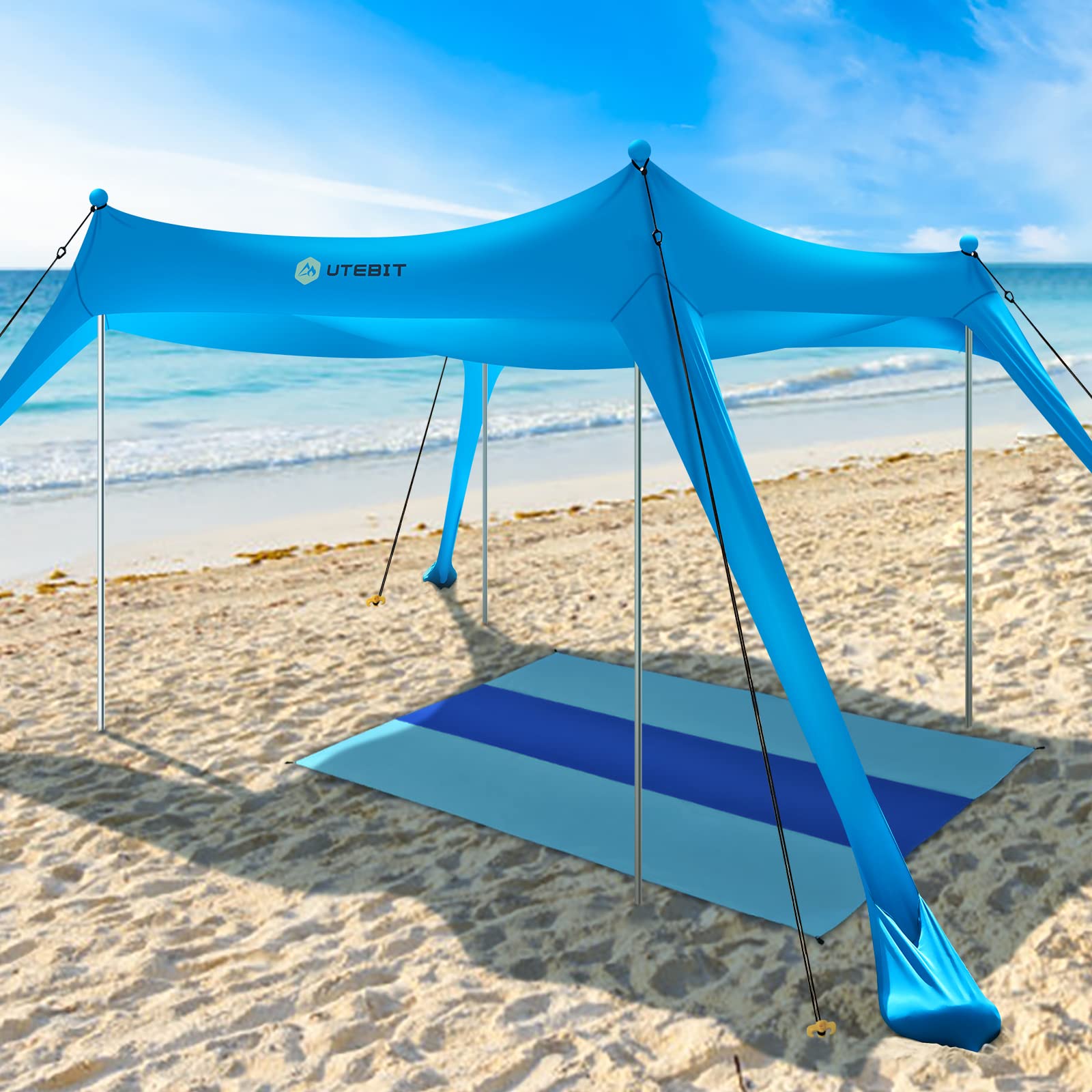 UTEBIT Beach Tent Pop Up Shade with Beach Mat, UPF50+ 10X10 FT Beach Tent Sun Shelter (4-8 Adults) with Sand Shovel, Ground Pegs and 4 Stability Poles, 4 Support Ropes, ect..