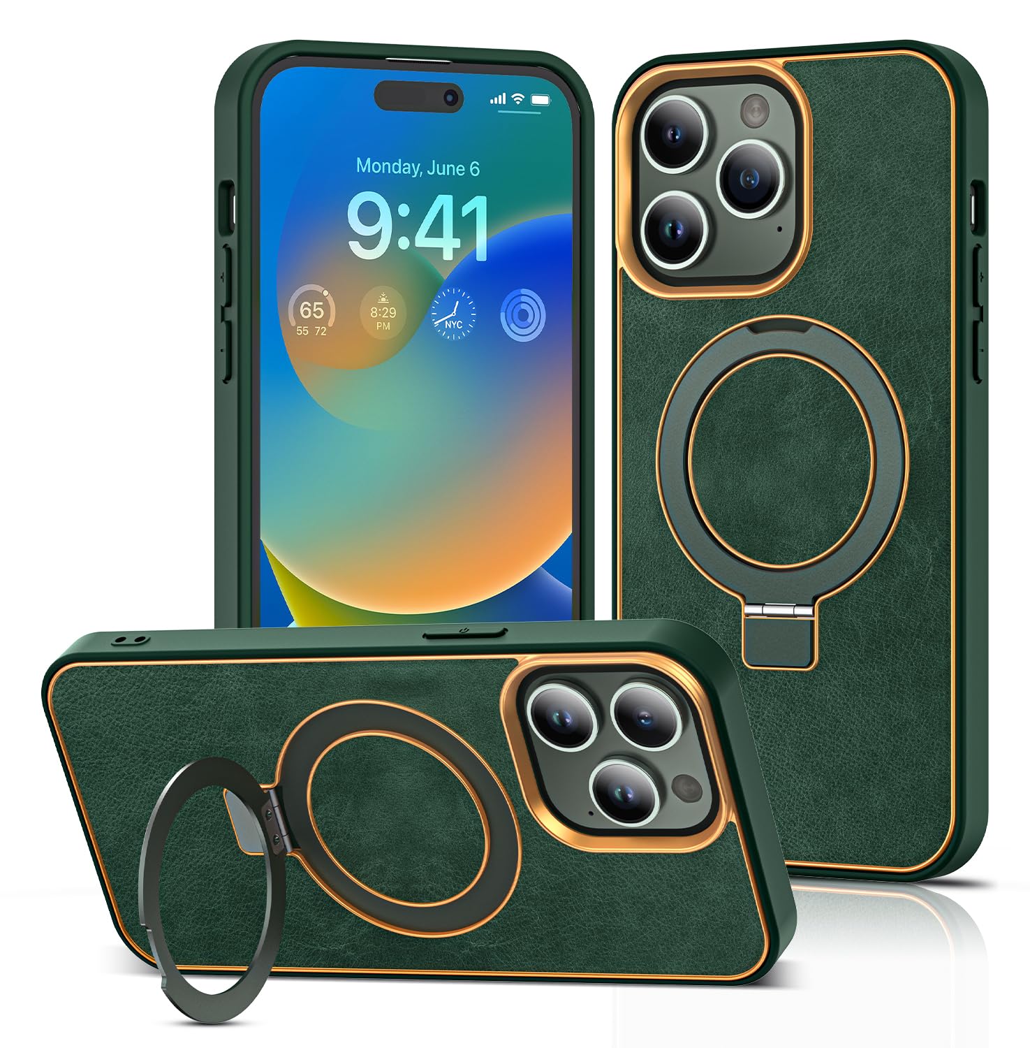 YEMODO for iPhone 14 Pro Case with Magnetic Invisible Ring Stand Leather Business Phone Case Compatible with Magsafe Shockproof Protection Classic Luxury Slim Cover for Women Men,Green