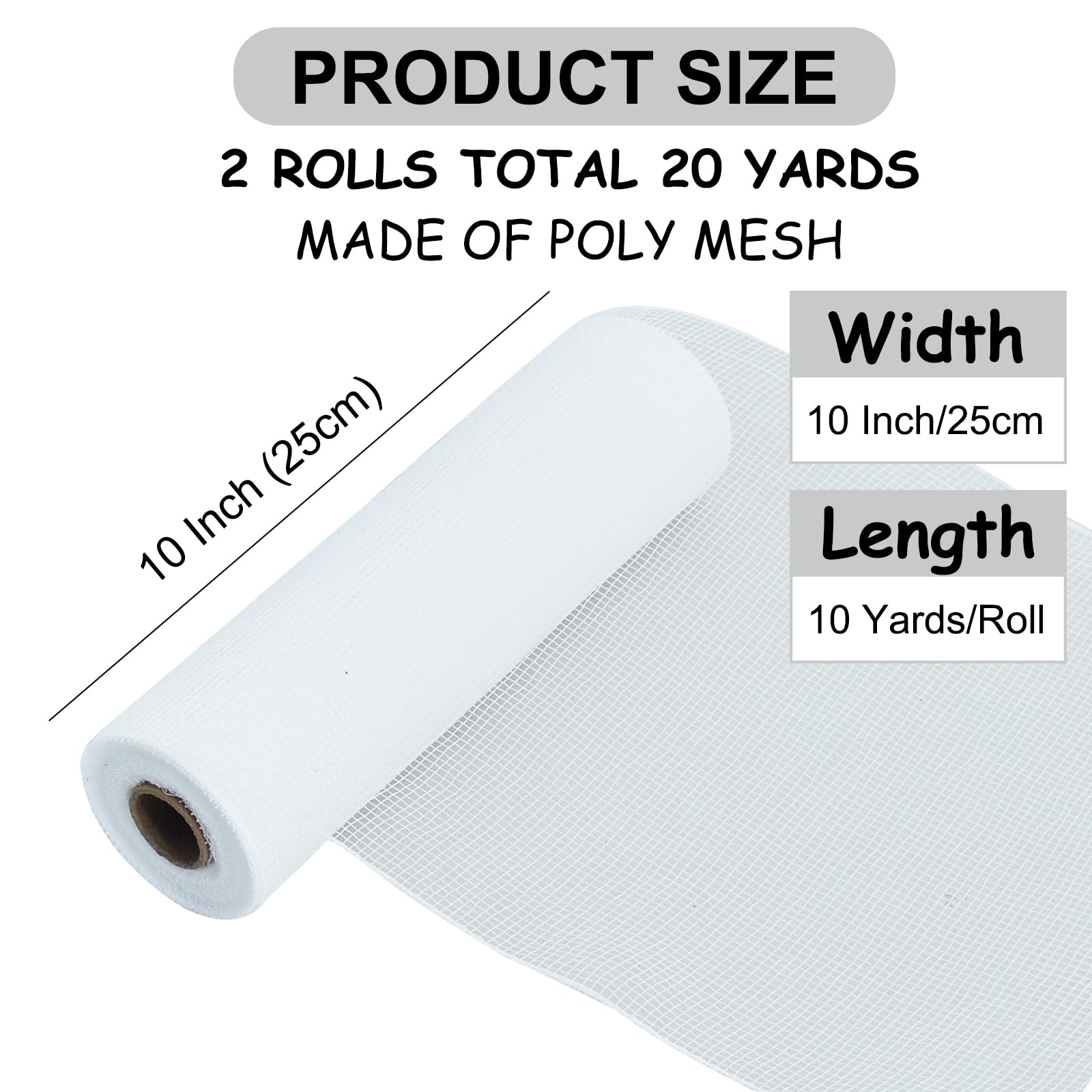 TONIFUL 2 Rolls 10 Inch White Decorative Mesh Ribbbon Rolls, Fabric Mesh for Mesh Wreath Supplies, Front Door Wreath Crafts Tree Decor Christmas NewYears Halloween Decoration (10 yds/roll)