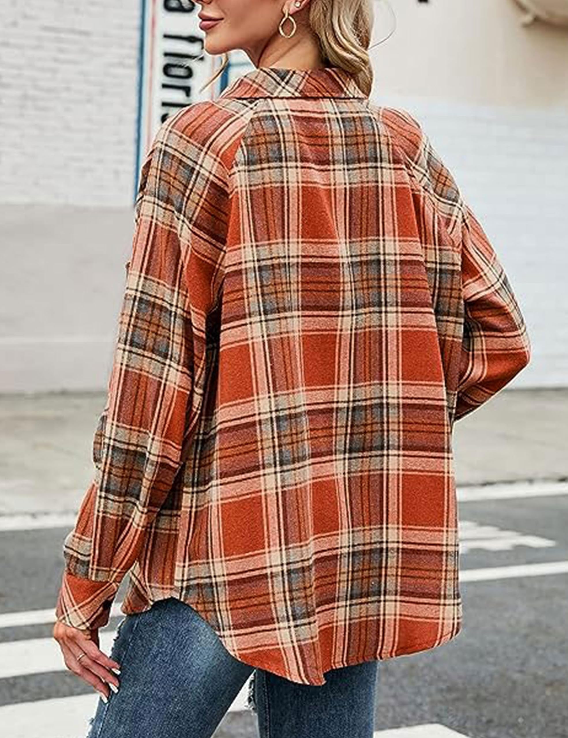 Zontroldy Womens Lightweight Flannel Shirt Plaid Buffalo Long Sleeve Button Down Oversized Flannels Shirts Blouse Tops (0199-Orange-M)