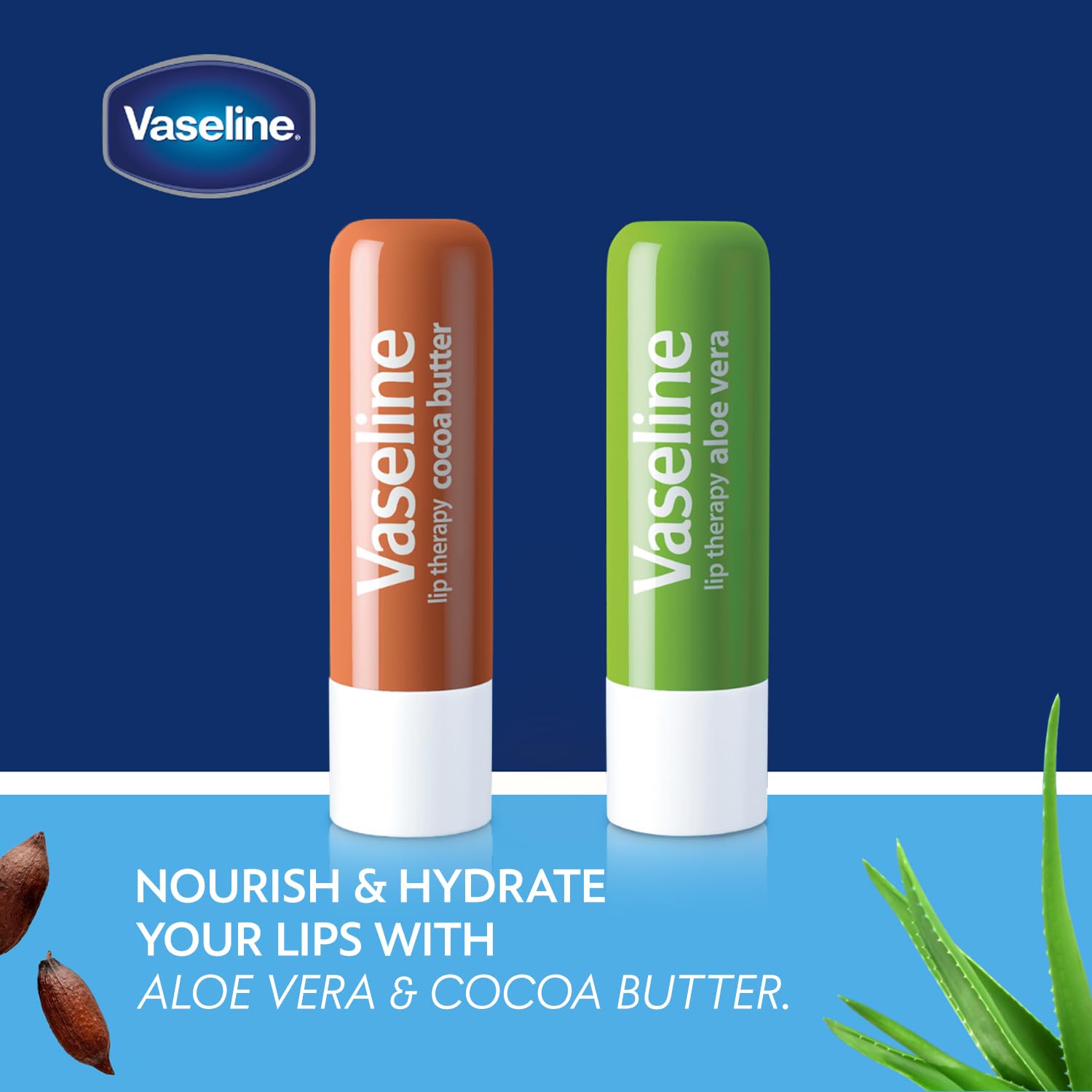 Vaseline Lip Therapy Variety 4-Pack โ Cocoa Butter + Aloe Vera Moisturizing Lip Balm with Vitamin E, 0.16 Oz Ea