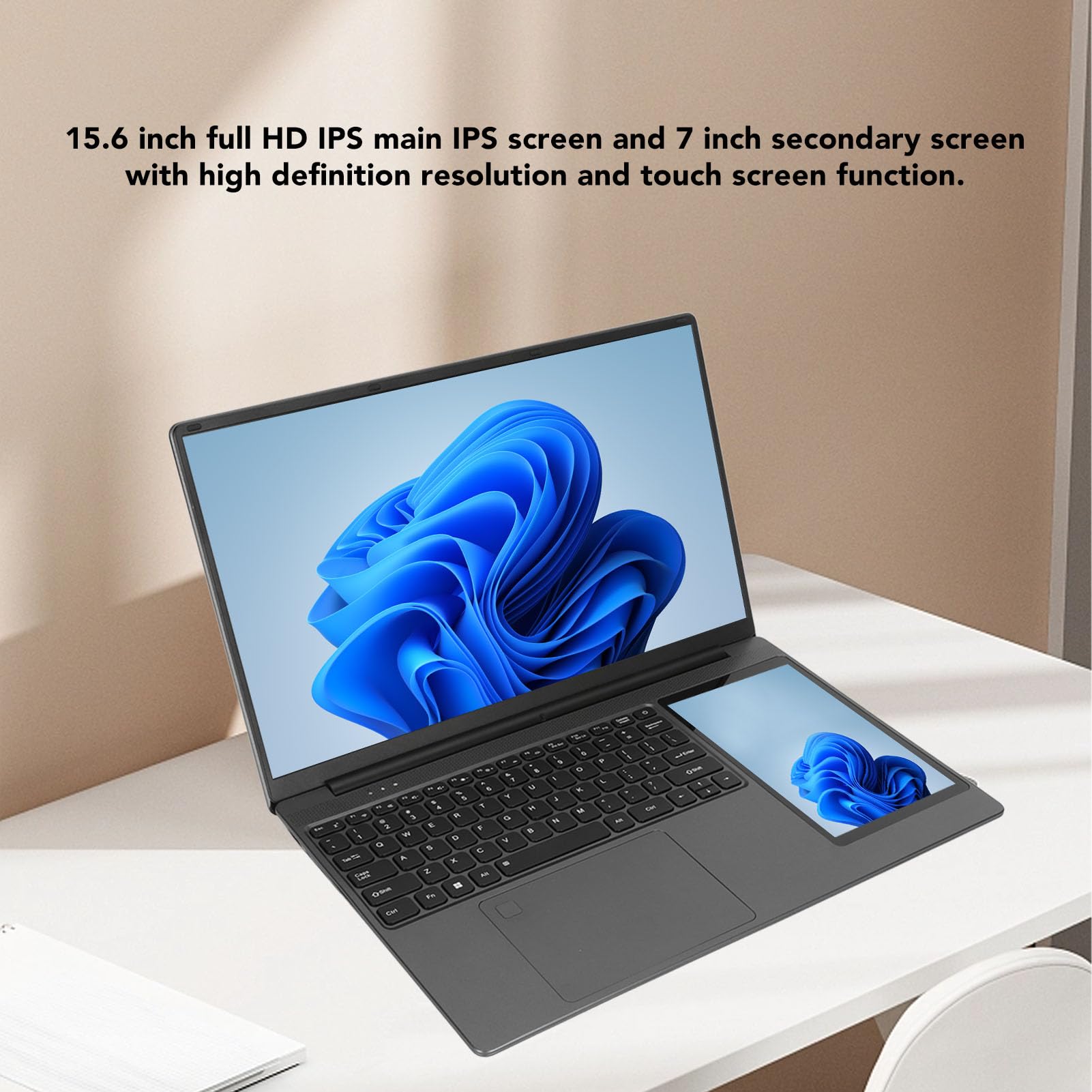 Zopsc 15.6in UHD Double Screen Laptop for Win 11, 7in Touchscreen Laptop Computer with Camera, 16GB RAM, 2.9GHz Quad Core 7000mAh. 100‑240V (16+512G US Plug)
