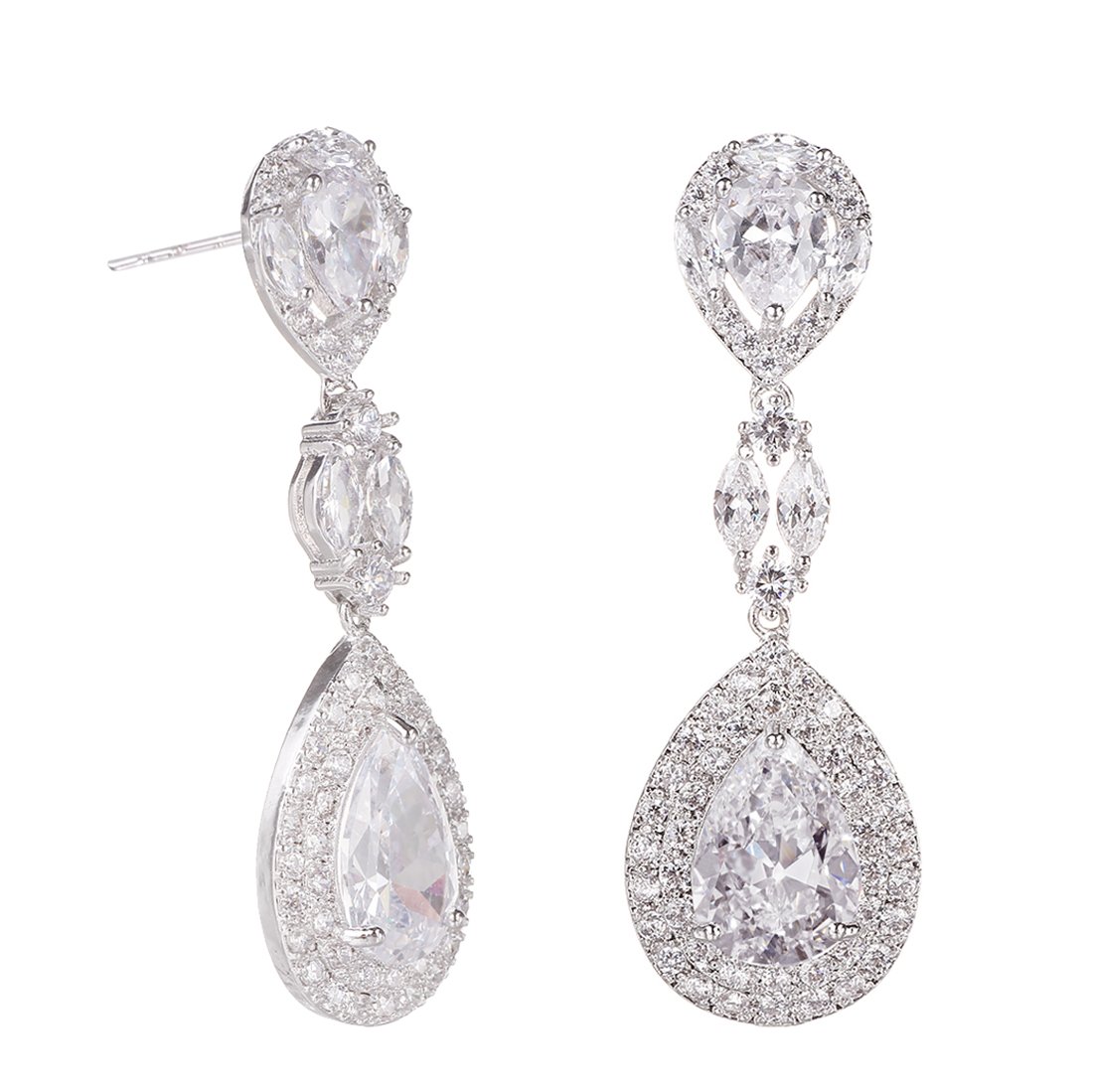 Wordless Love Genuine Rhodium Plated Cubic Zirconia Teardrop Bride Wedding Dangle Pierced Earrings Clear