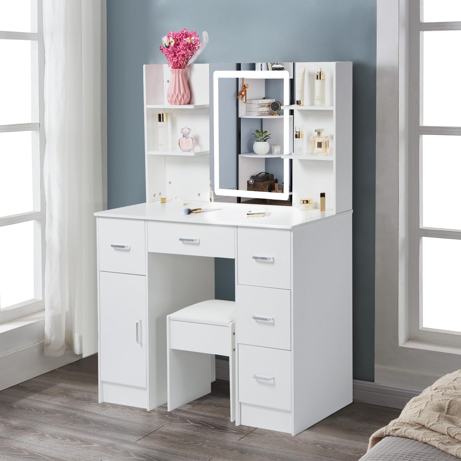 White Vanity Desk with Mirror and Lights, Makeup Vanity with Lights and Drawers, Modern Vanity Set with Stool & Storage Shelves, Dressing Table Bedroom Furniture, White