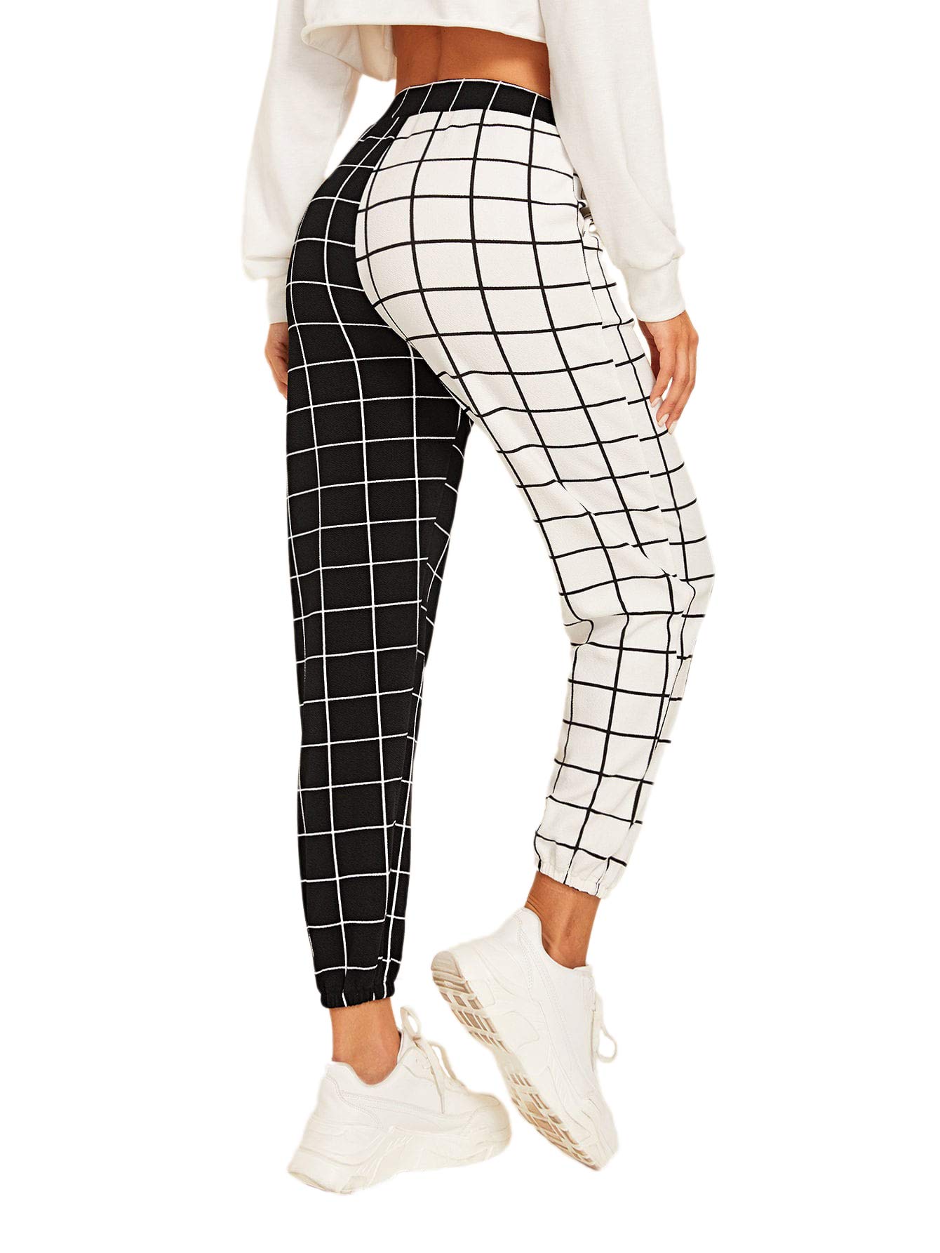 WDIRARA Women's Two Tone Plaid Print Elastic Waist Fashion Straight Leg Pants Black and White S