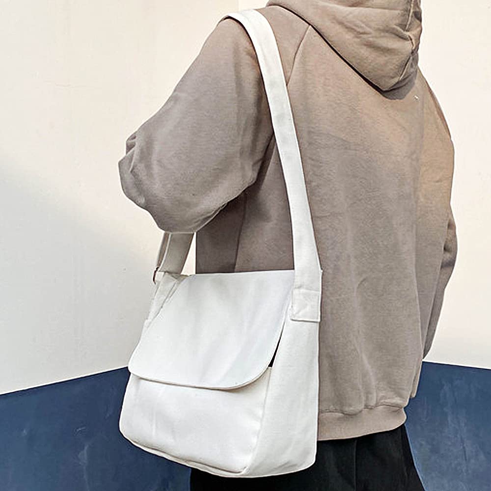 TopTie Classic Canvas Messenger Bag, White Canvas Shoulder Bag Side Bag for Men and Women