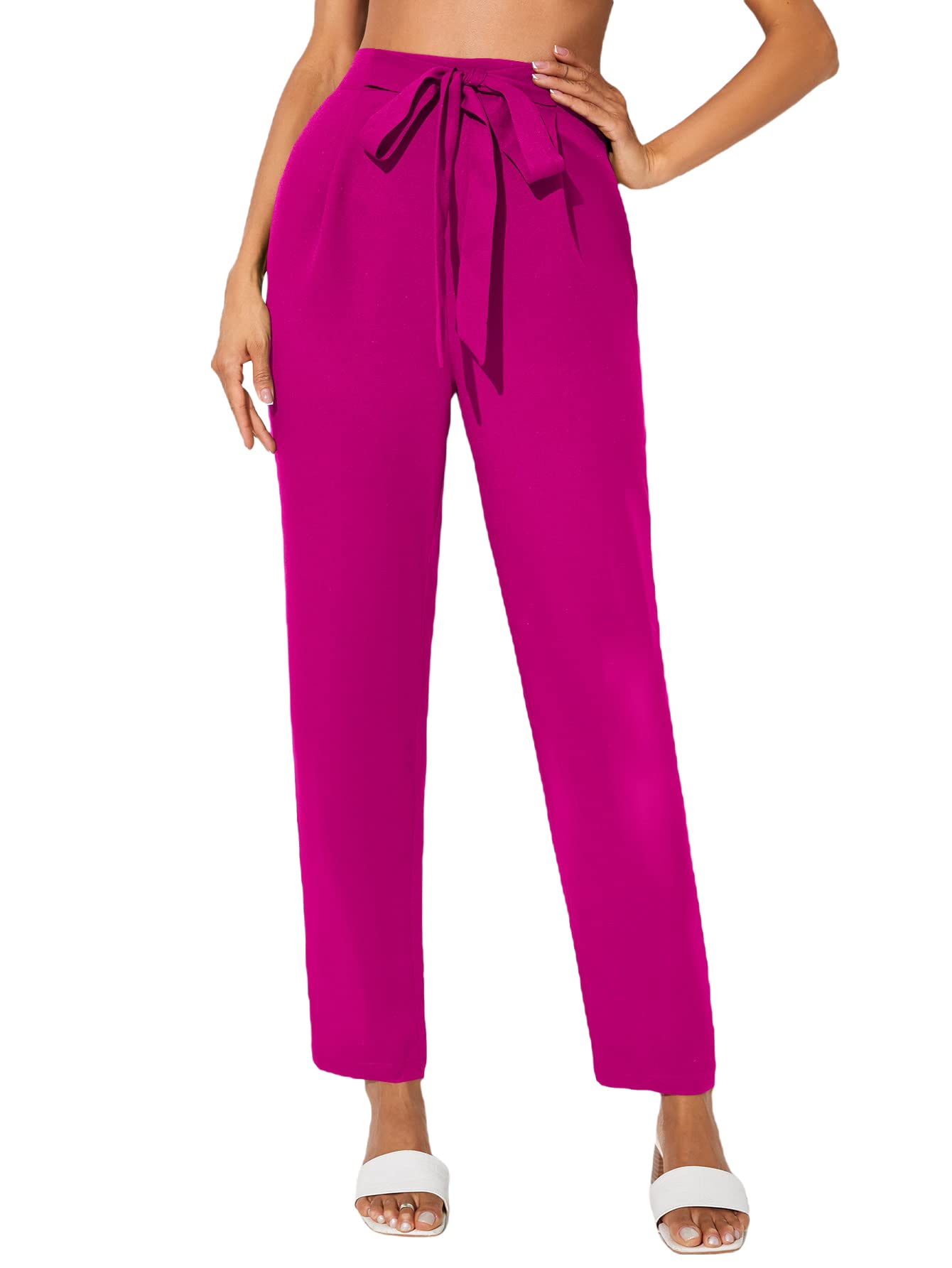 WDIRARA Women's Stretchy Plaid Print Pants Soft Skinny Regular Fashion Leggings Hot Pink Solid L