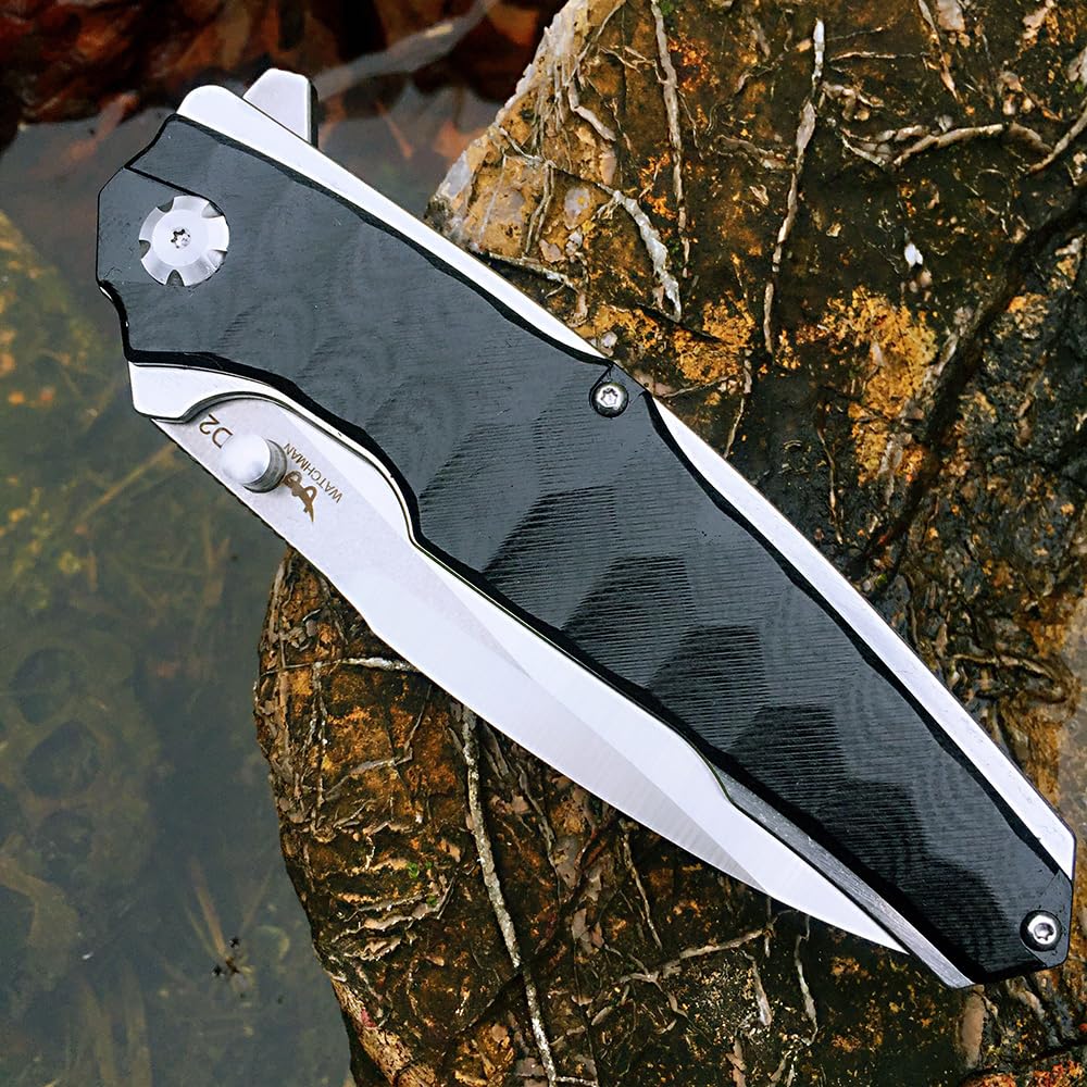 WATCHMAN W102 9.06 inches Tactical Knives Hunting Camping D2 Strong Folding Knife (Black)