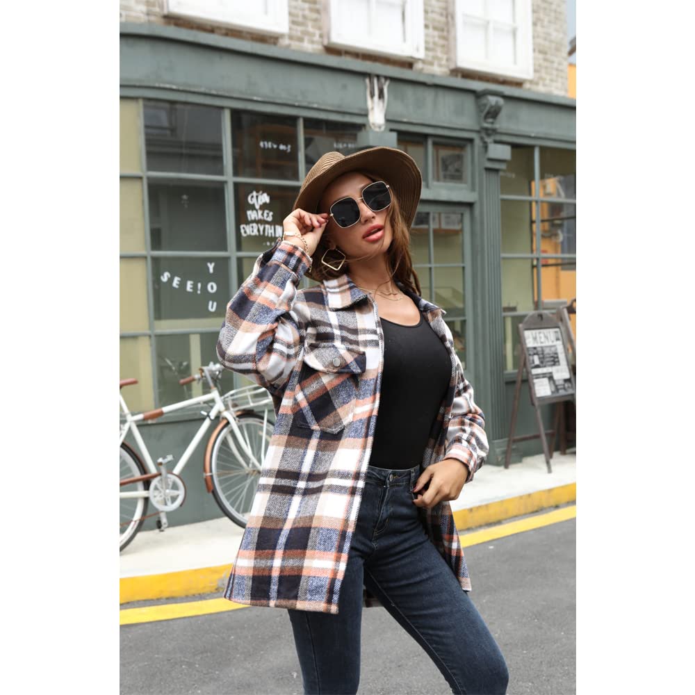 Women Classic Flannel Plaid Jacket Button Down Boyfriend Long Sleeve Lapel Shirts Casual Blouses Tops (Blue, Small)