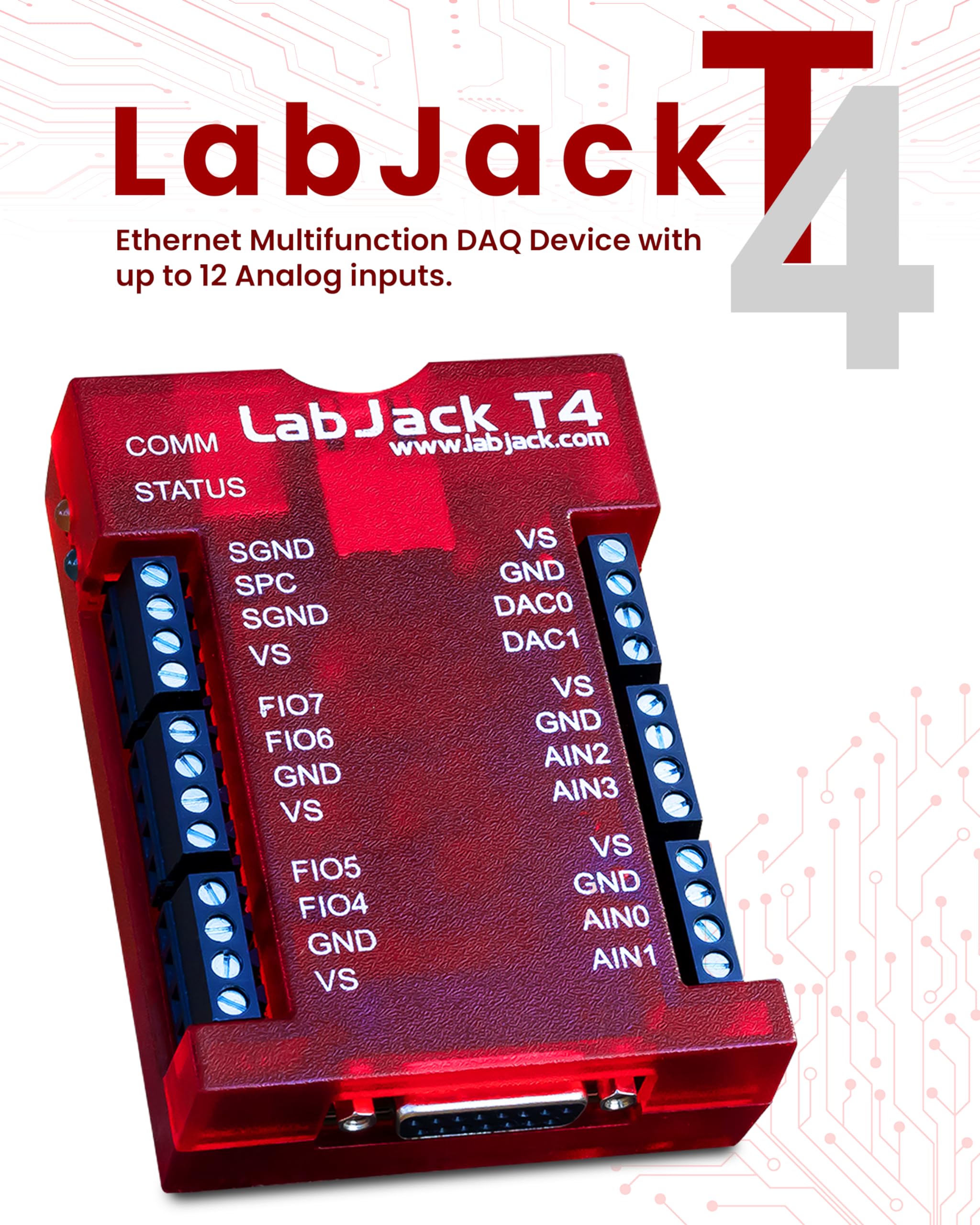T4-USB Data Logger or Ethernet Multifunction DAQ Device with up to 12 Analog inputs or 16 Digital I/O, 2 Analog outputs (10-bit), and Multiple Digital counters/timers.