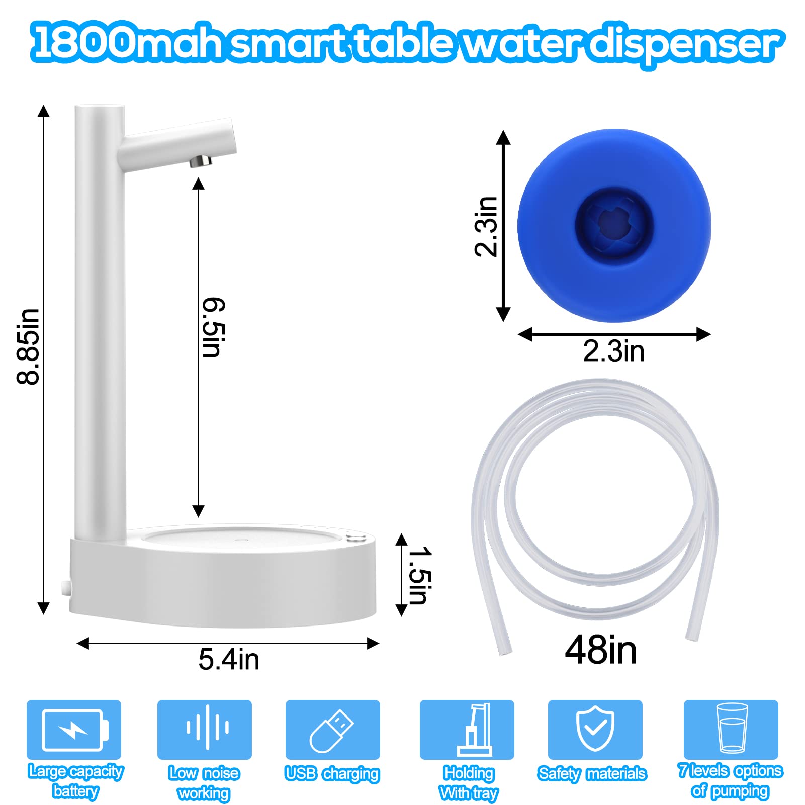 Water Dispenser Countertop for 5 Gallon Bottle, Smart Table Top Water Dispenser with 7 Levels Pumping, Bedside Water Dispenser, Rechargeable Portable Mini Desktop Water Pump with Cap