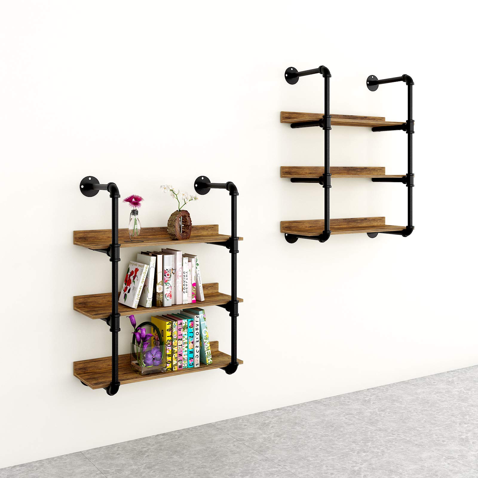 YITAHOME 3 Tier Pipe Shelves Wall Mounted Industrial Retro Iron Shelf Pipe with Hanging Bracket, DIY Storage Shelves, Kitchen Shelves, Office Shelves, Bookshelves and Bookcases - Rustic Brown