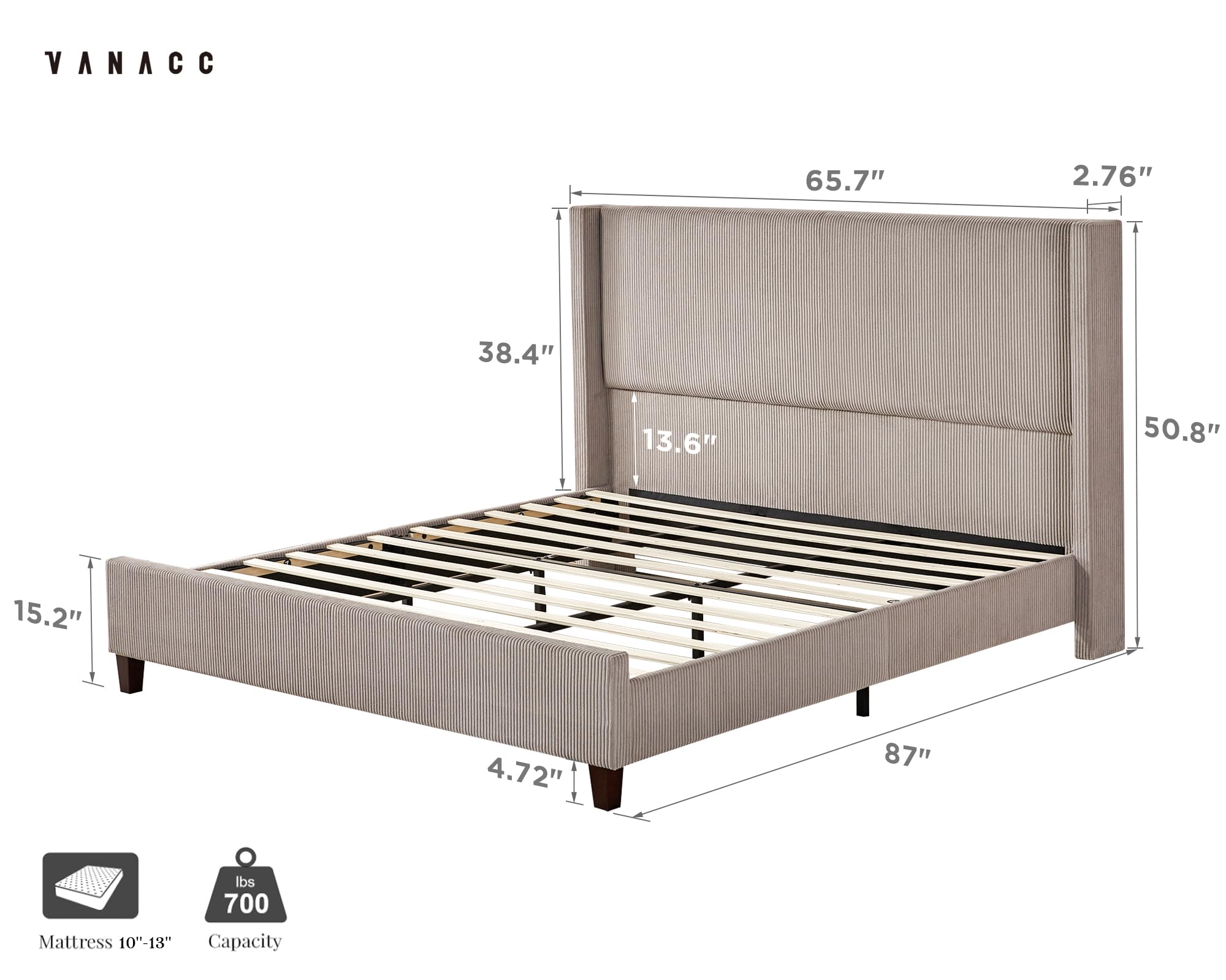 VanAcc Queen Size Platform Bed Frame, 50.8" Corduroy Upholstered Bed with Vertical Channel Tufted Headboard/Wooden Slats/Wingback/No Box Spring Required/Taupe