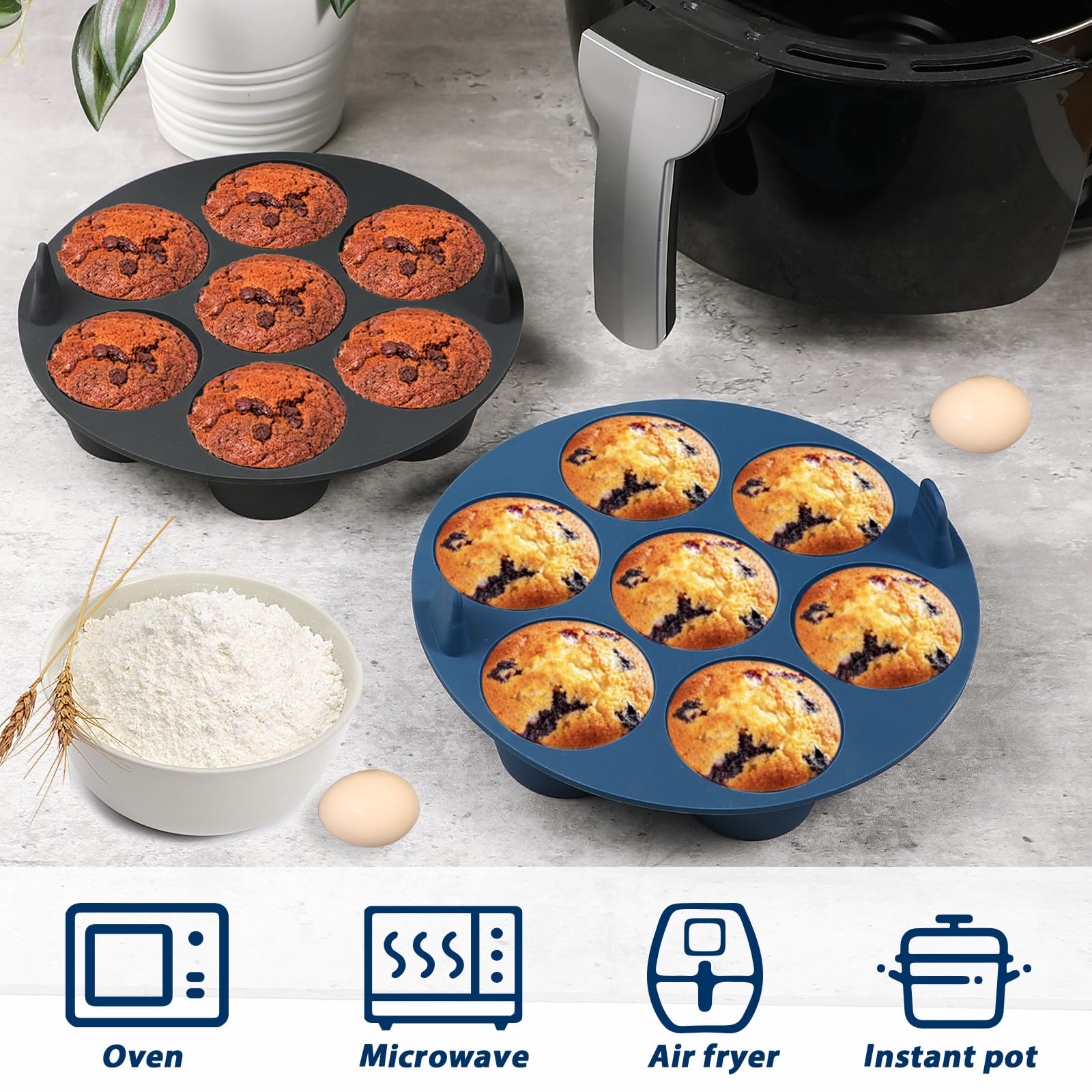Webake 2PCS Silicone Air Fryer Muffin Pan for Baking 7 Cavity Air Fryer Silicone Cupcake Pans Non Stick Food Grade and BPA Free Muffin Tins Baking Cups