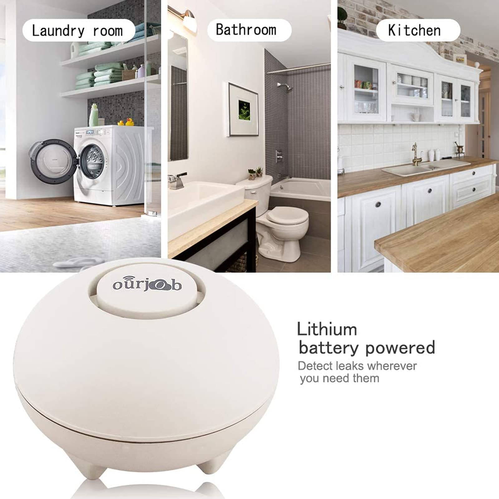 Water Leak Detector -Ourjob Water Alarm Surveillance Systems Water Detectors for Home Security, Kitchen,Bathroom, Basement (3 Pack)