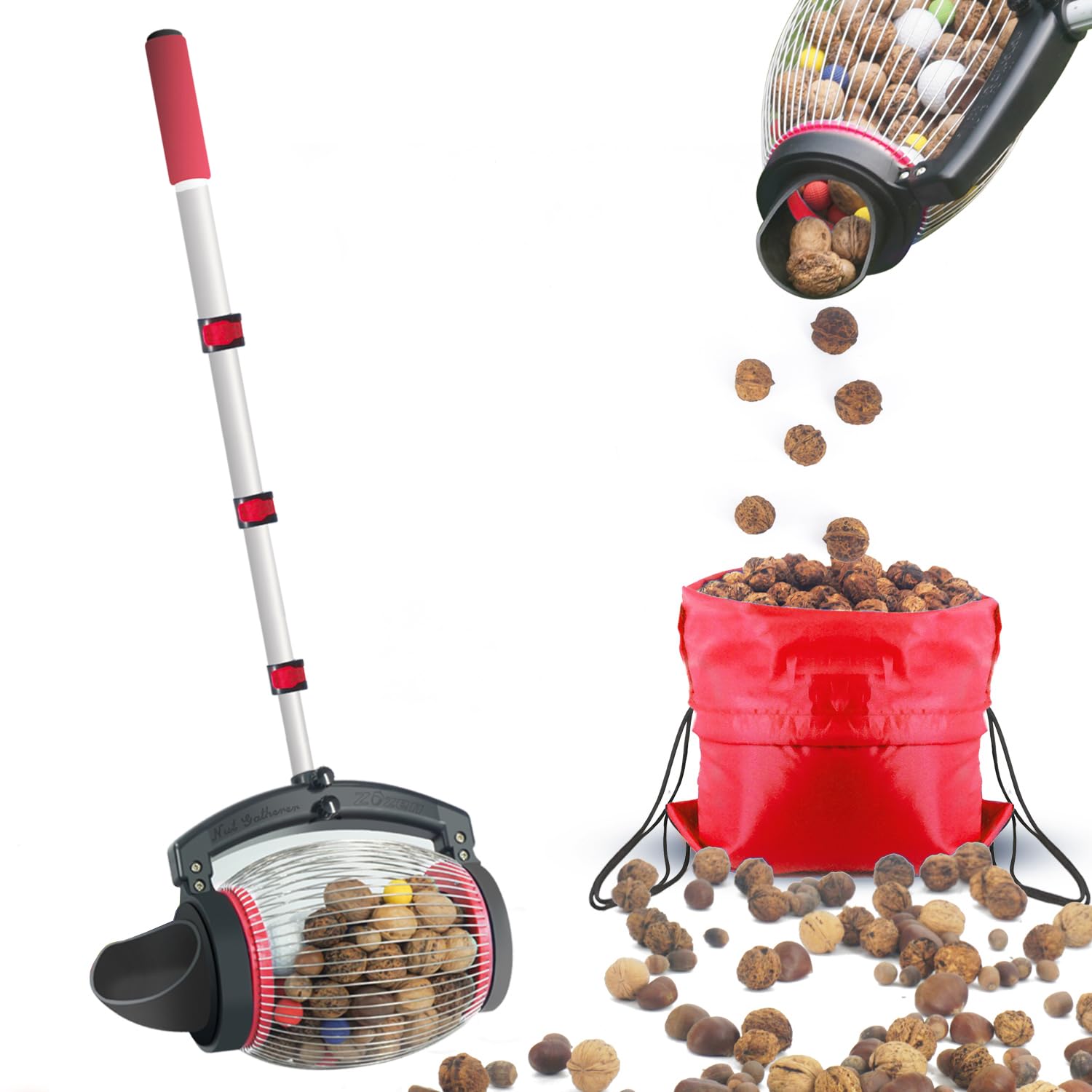 Zozen Nut Gatherer, Walnut Picker Upper Roller, Pecan Picker Upper - Directly Dump Outlet | Apply to Walnut, Pecan, Hickory, Chestnuts, Buckeyes, Nerf Balls, Golf Objects Size 3/4'' to 1.5''; 1 Gallon