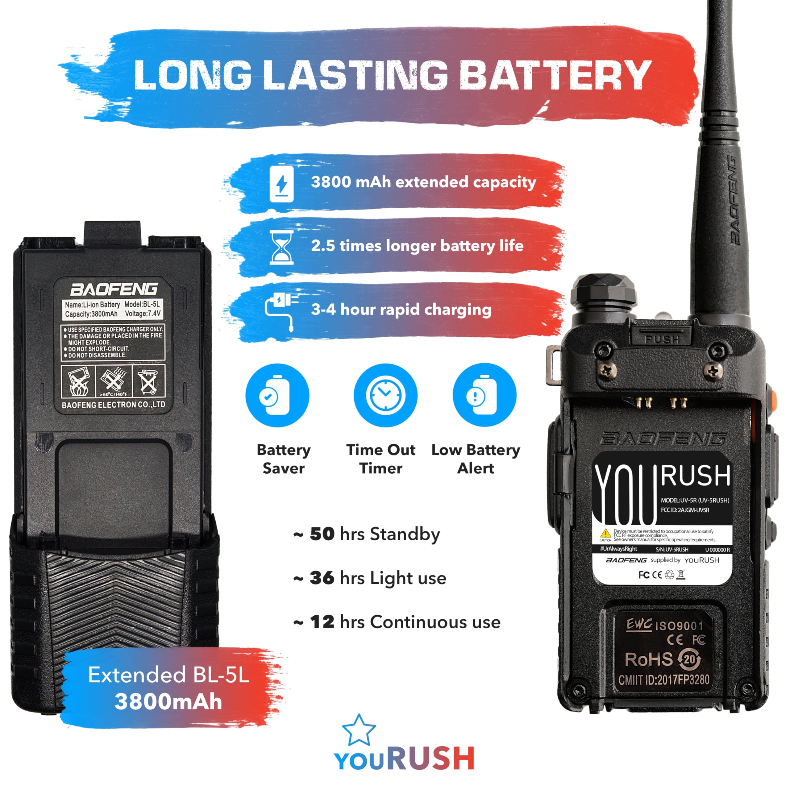 youRUSH Portable Ham Radio 2 Pack BAOFENG UV-5R 8W Dual Band Two Way Radio with Extended Battery BL-5L 3800 mAh with Lanyard & USB Programming Cable & USB Charger Cables, Chirp Support, USA Warranty