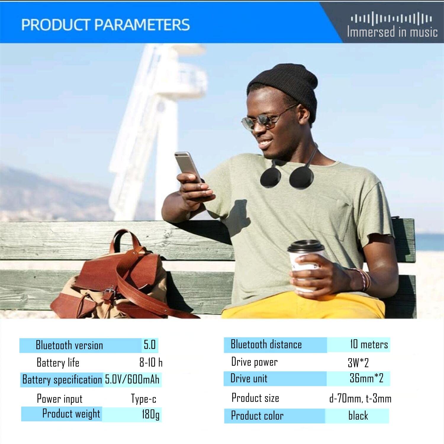 VANPEUSO Neckband Bluetooth Speaker - EBS-906, Bluetooth 5.0, Built-in mic, 10H Playtime, Portable Wireless Wearable Speaker (Green)