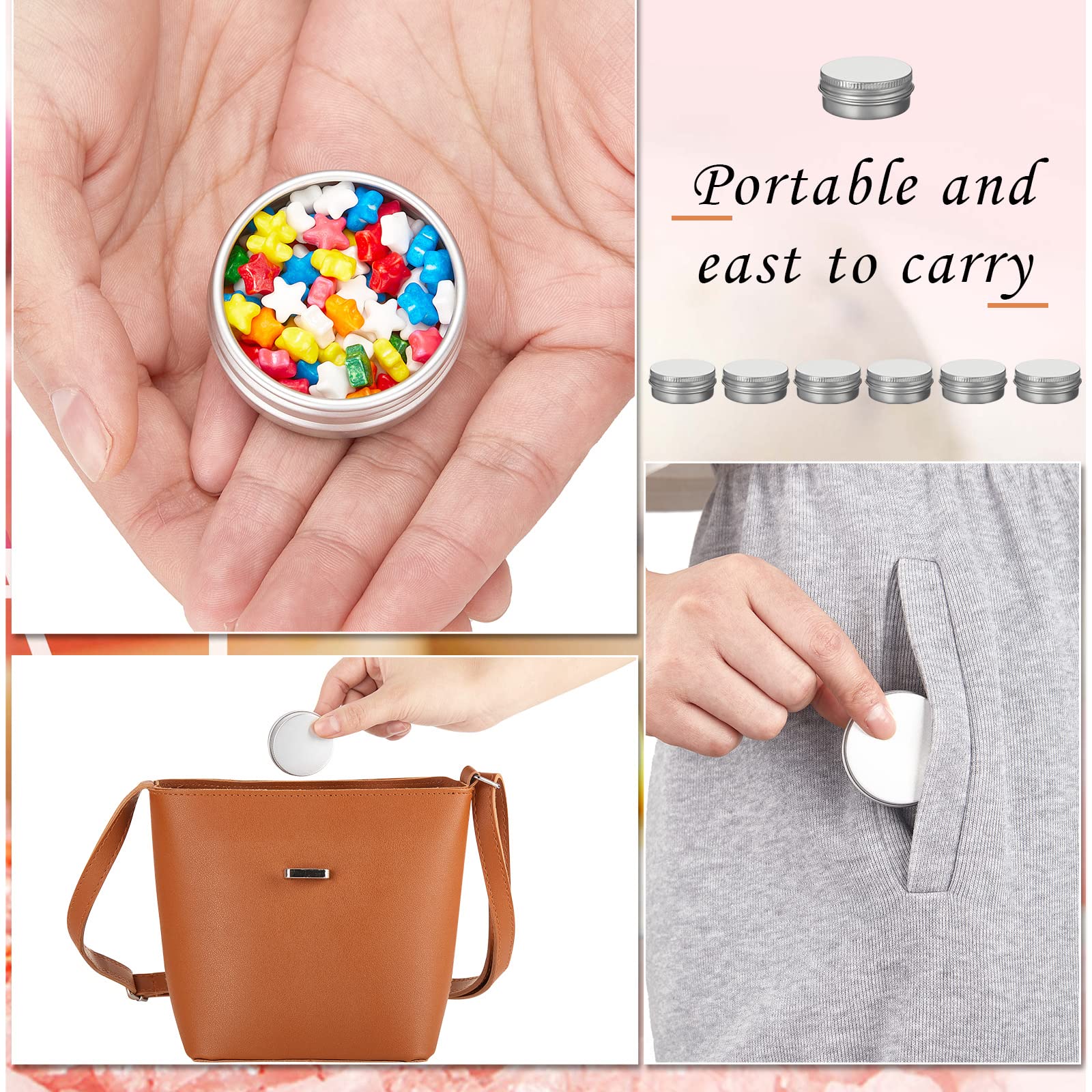 Zubebe 200 Pack Metal Tins Aluminum Containers with Lids Screw Top Round Tin Cans for Cosmetic Lip Balm DIY Salves Candles Wax with 5 Markers 10 Sheets Label Stickers (0.5 oz, Silver)