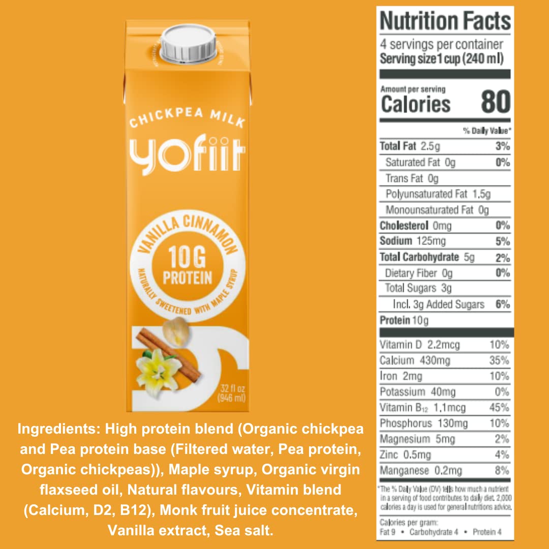 Yofiit Vanilla Cinnamon Plant Based Milk with Pea Protein and Flax - More Protein than Almond Milk - Non Dairy Coffee Creamer, Vegan & Shelf Stable | 10g Protein - 6 Pack