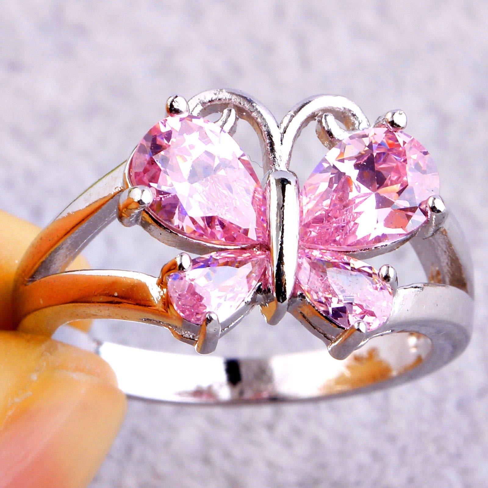 Veunora Silver Plated Pear Cut Created Pink Topaz Cubic Zirconia Filled Gorgeous Butterfly Ring for Women Gift Size 12