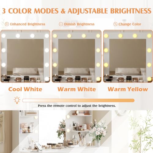 YESHOMY Vanity Desk with Mirror, Power Outlet and 10 Lights, Makeup Table with 7 Drawers, 3 Color Modes Available for Bedroom, White