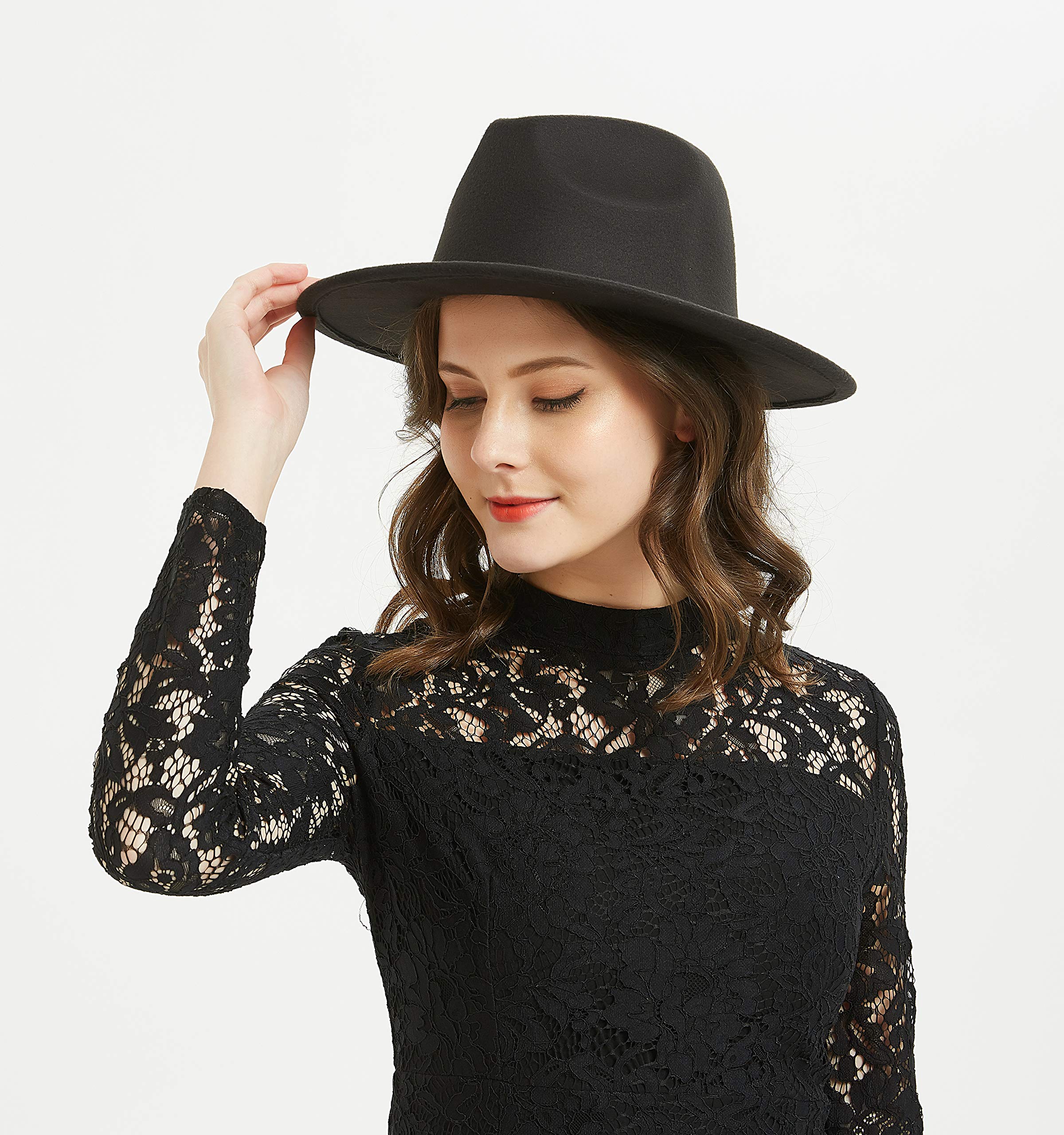 Women or Men Woolen Felt Fedora Hat Vintage Widet Brim Crushable Hat Belt Jazz, Black 58-60cm