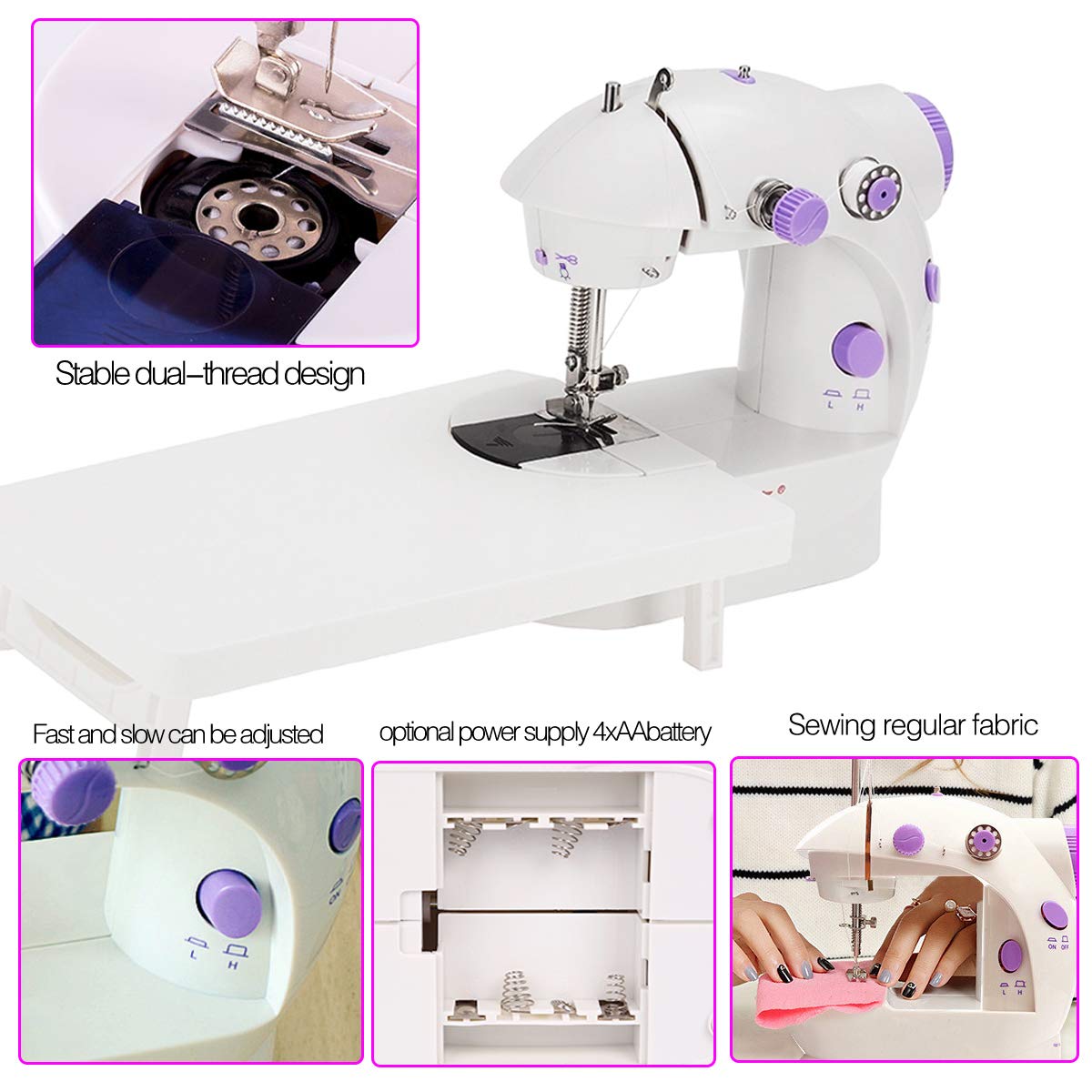 WIENOLOA Mini Sewing Machine with Extension Table and Sewing Machine Accessories Cotton Fabric Two Threads Double Speed Double Switches Household Kids Beginners Travel Automatic Sewing Machine Kit