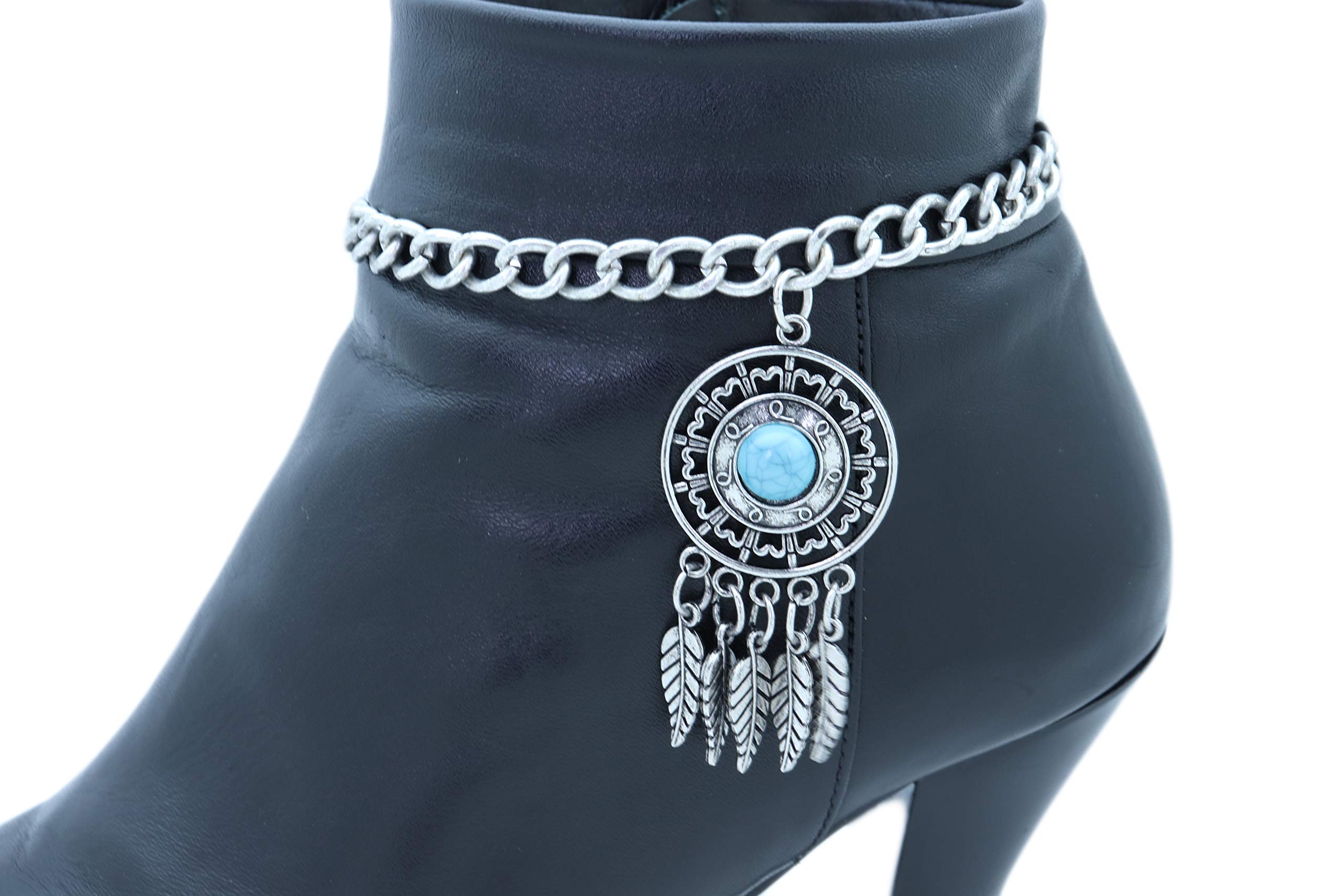 TFJ Women Western Fashion Jewelry Boot Bracelet Silver Metal Chain Shoe Native Style Feather Charm Turquoise Blue