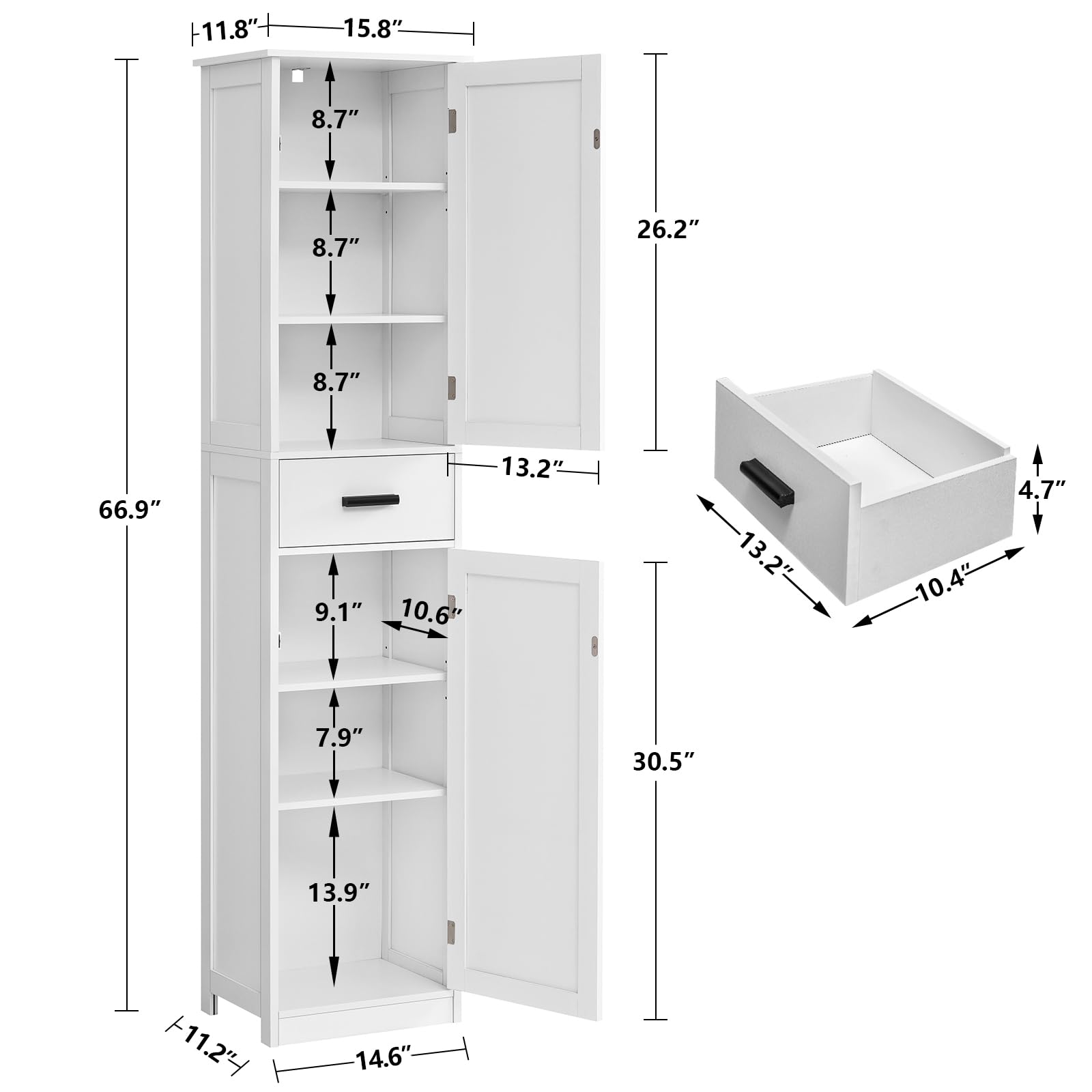 WEENFON Tall Bathroom Cabinet, Storage Cabinet with 6 Shelves & Drawer, Bathroom Storage Cabinet with Ajustable Shelves, Tall Cabinet for Living Room, Home Office, White