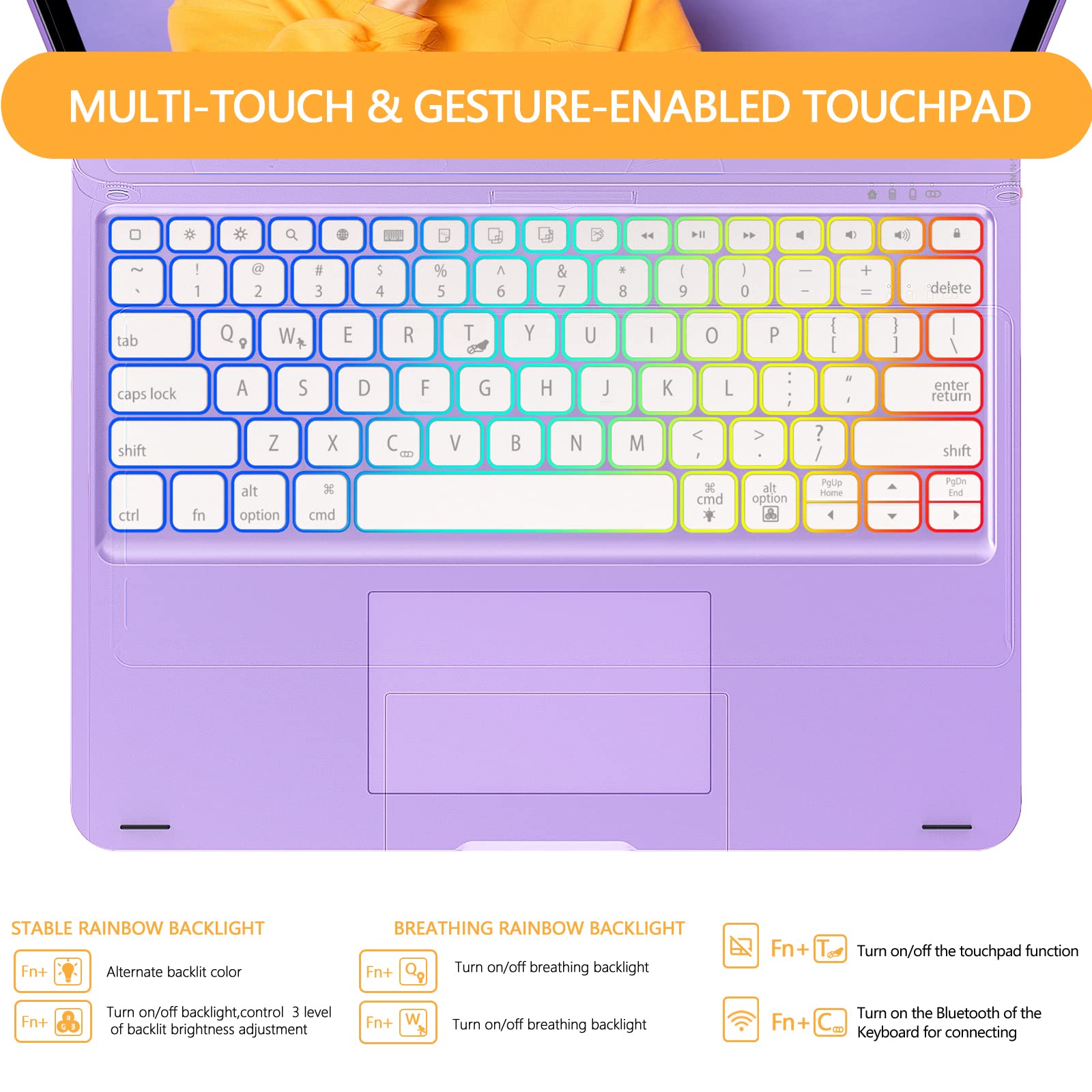 Touch Keyboard Case for iPad Air 13 M2 2024, iPad Pro 12.9 Case with Keyboard 6th/5th/4th/3rd Generation, Trackpad, 360° Rotatable, Wireless Keyboard Cover, 7 Modes Rainbow Backlits with Pencil Holder