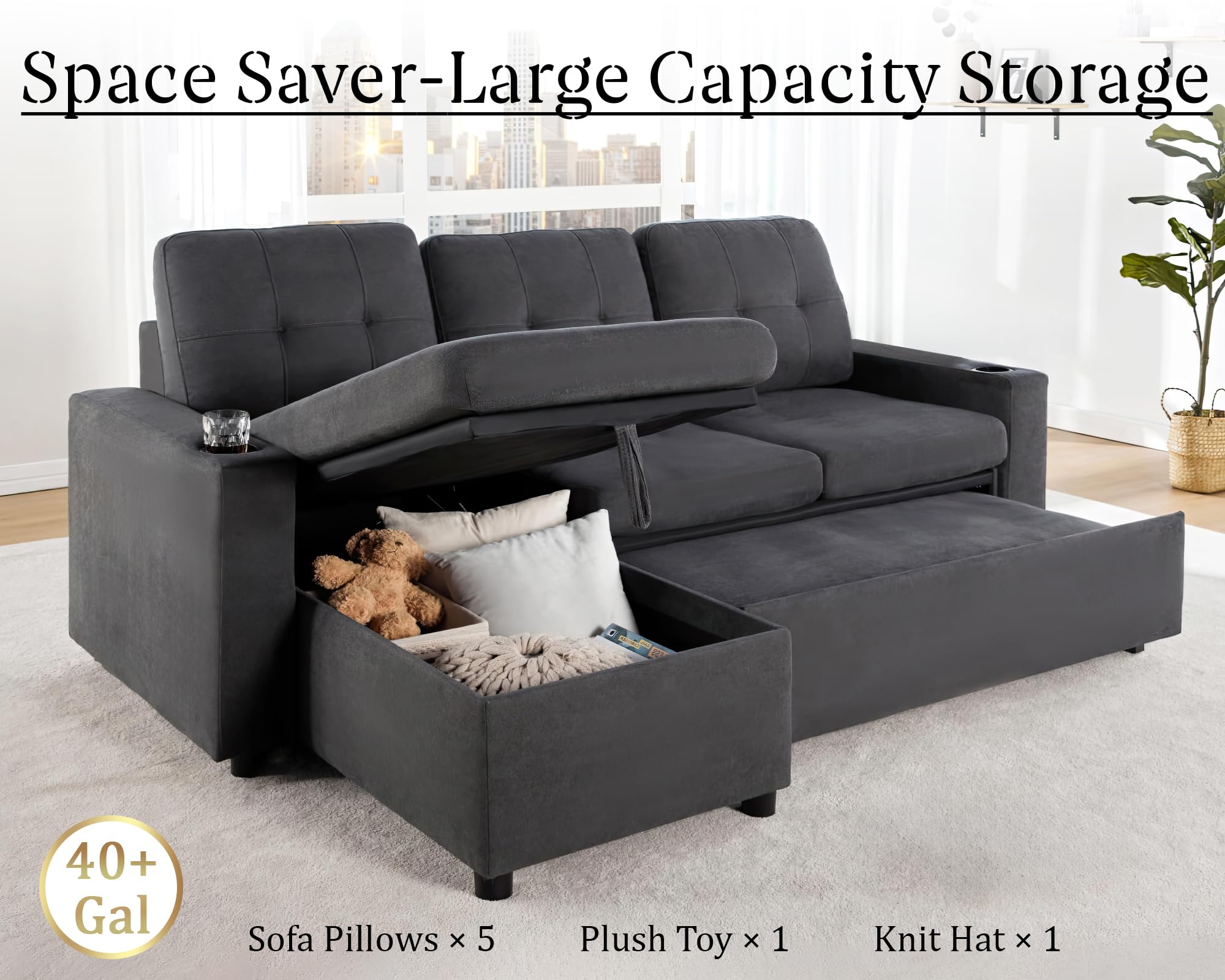 yoyomax L Shaped Sofa-82'' Sectional Sofa with 2 in 1 Pull Out Couch Bed Storage Chaise & Cup Holders for Living Room, Apartment and Office, Light Grey