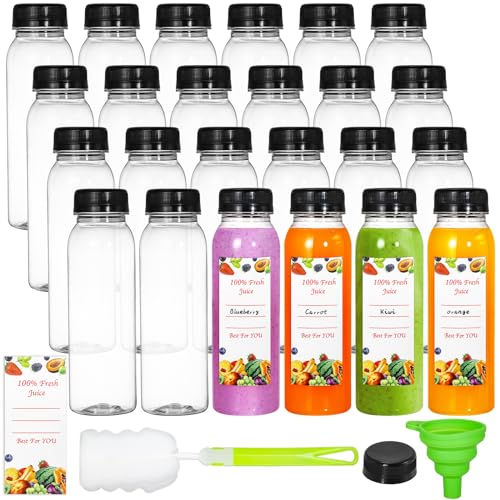Youeon 24 Pcs 8 Oz Empty Plastic Juice Bottles with Tamper Evident Caps, Reusable Water Bottles, Juice Containers with Labels, Funnel and Brush for Drinks, Juices, Smoothies and Other Beverages